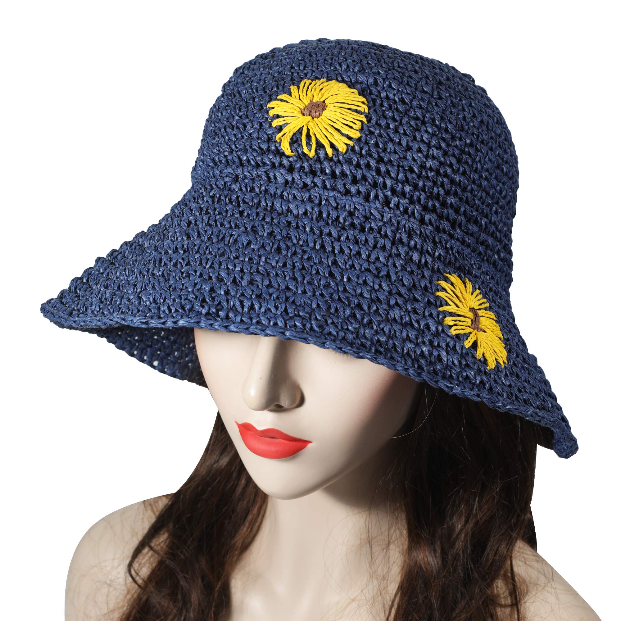 ZLYC Women Wide Brim Floppy Sun Hat Foldable Summer Straw Hat Bucket Beach Hats (Sunflower Khaki)