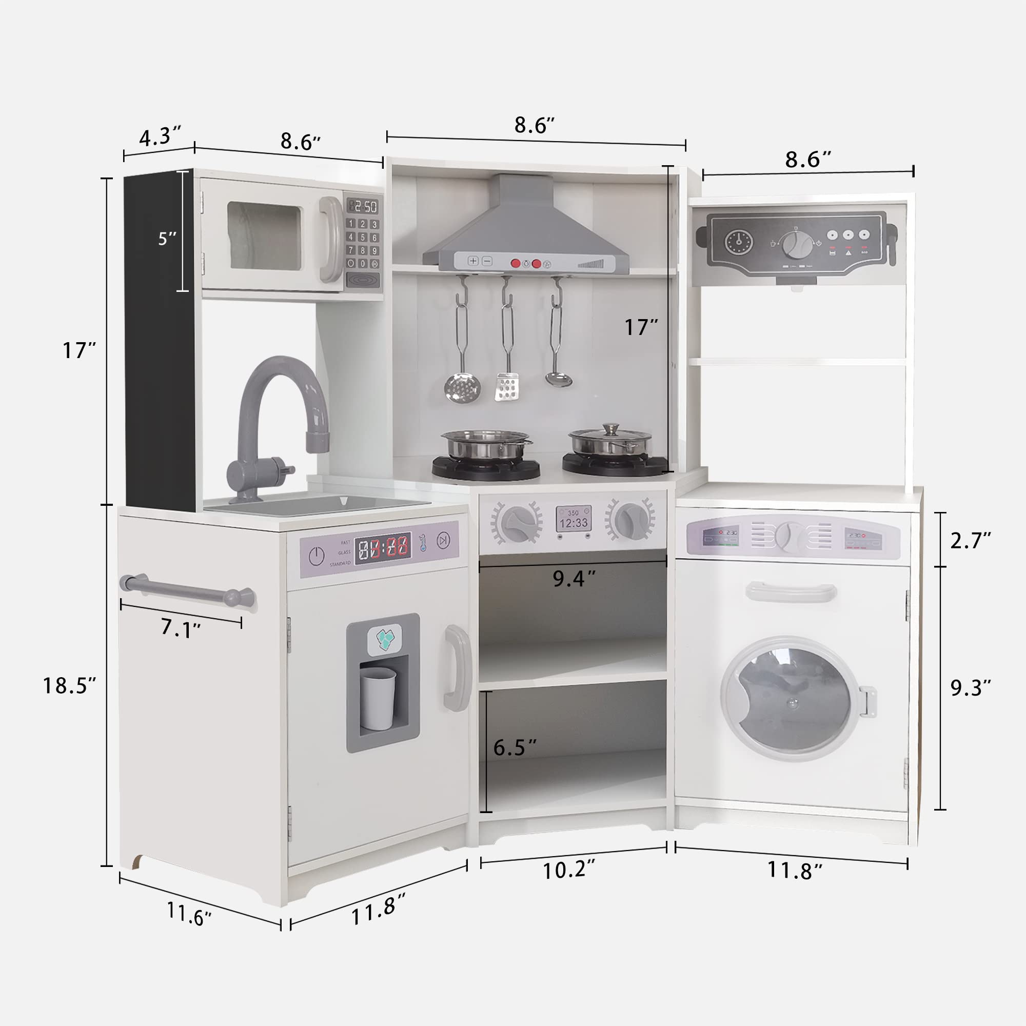 TaoHFE Corner Play Kitchen with Lights&Sounds White Kitchen for Kids Toddler Kitchen Set with Washer Chalkboard Wooden Kitchen Kids Playset with Washing Machine Range Hood Girls boys Gift for Ages 3+