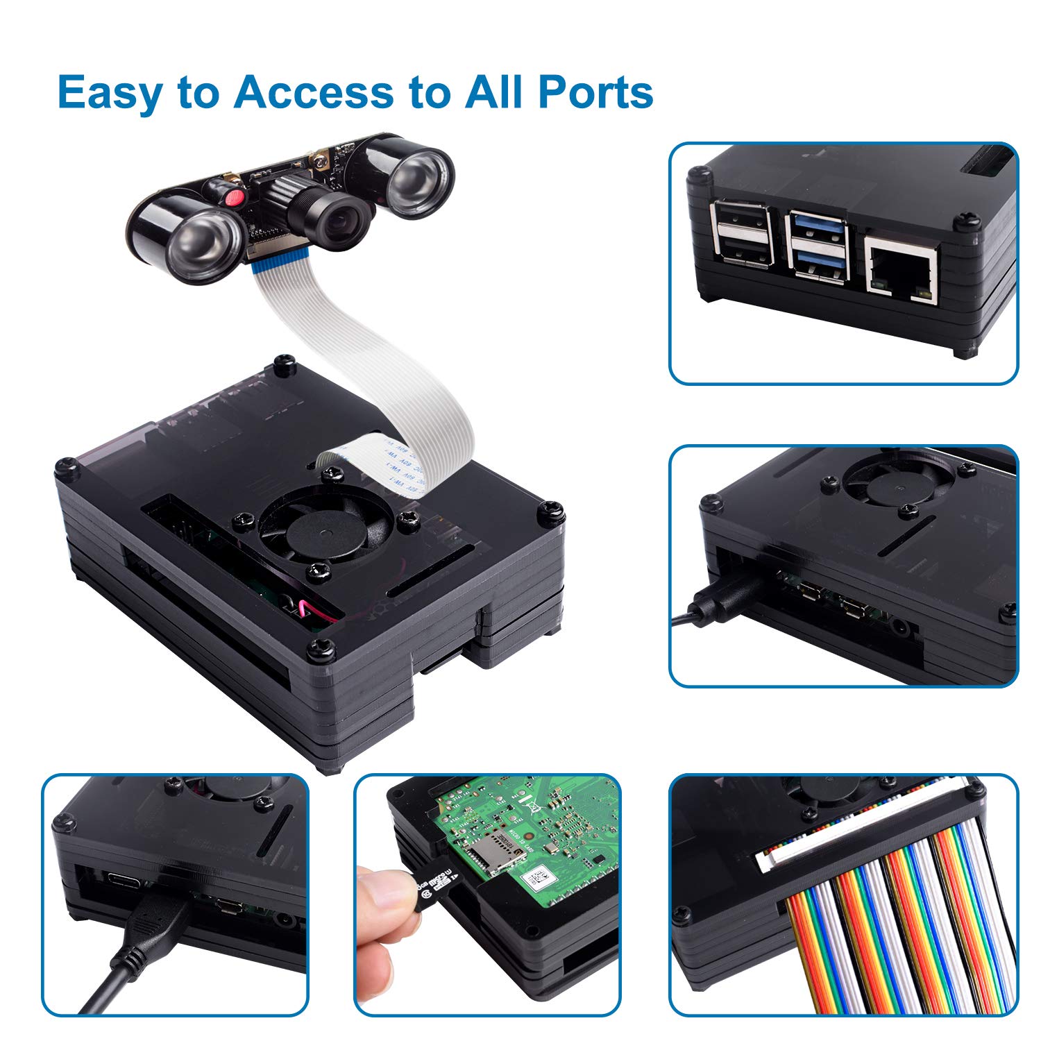 Smraza Case for Raspberry Pi 4, Acrylic Pi 4B Case with Quiet Cooling Fan, 4PCS Heatsinks, 5V 3A USB-C Power Supply for Raspberry Pi 4 Model B 8GB/4GB/2GB - Black