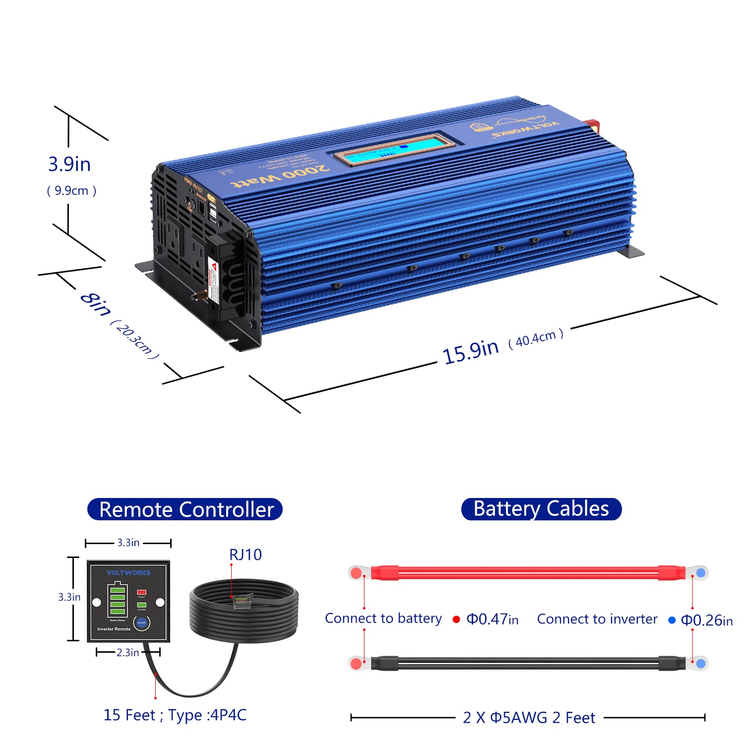 Power Inverter 2000w DC 12V to AC 120V ETL UL458 Modified Sine Wave Inverter with LCD Display Remote Control 2 AC Outlets 1 AC hardwire terminal Dual 2.4A USB Ports for Car RV Truck Boat by VOLTWORKS