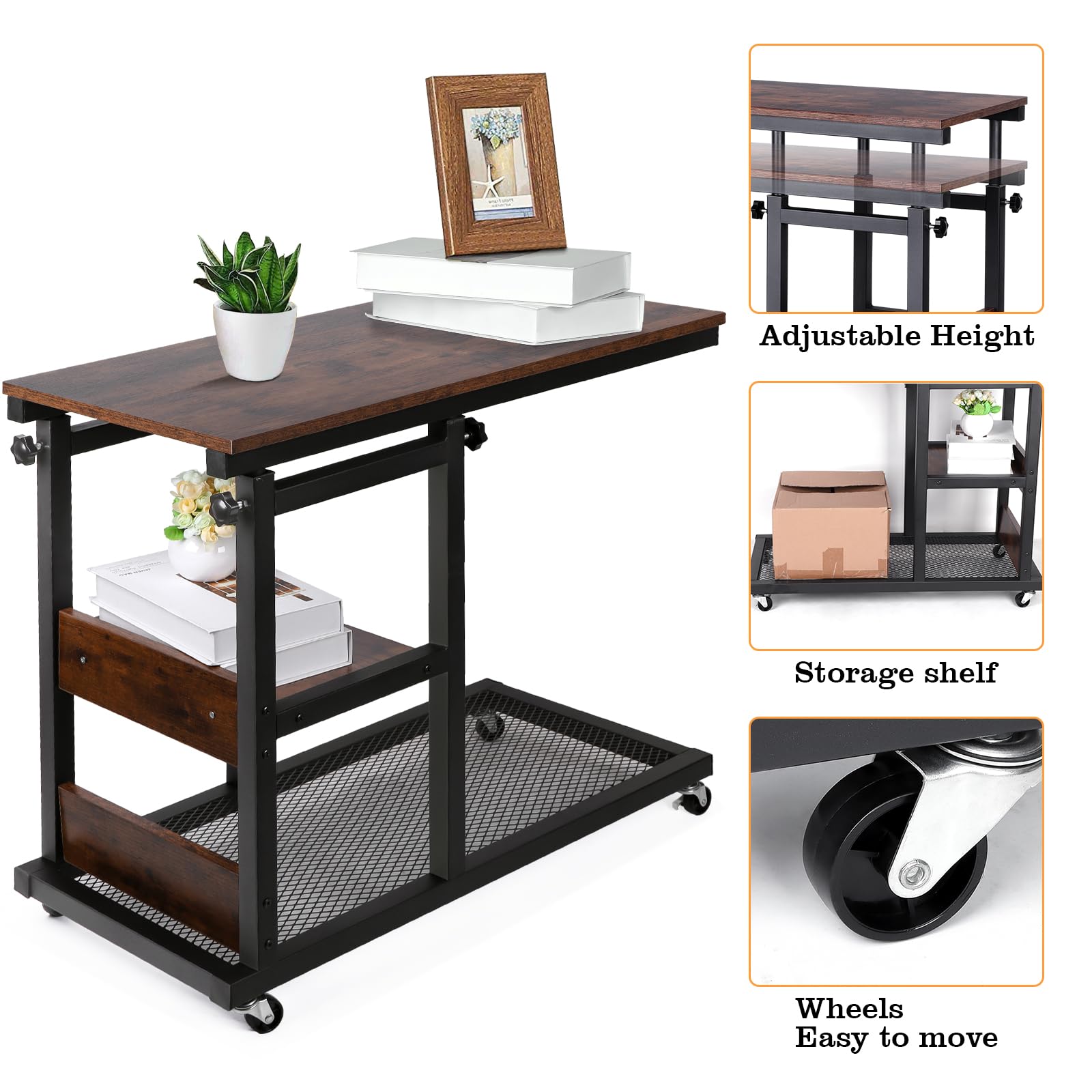 RUNTOP Height Adjustable Side Table, C Table with Wheels, Mobile Couch Snack Side Table, Sofa Bedside Laptop Stand C Shaped End Table TV Tray with Storage Shelves for Bed, Living Room, Bedroom, Brown