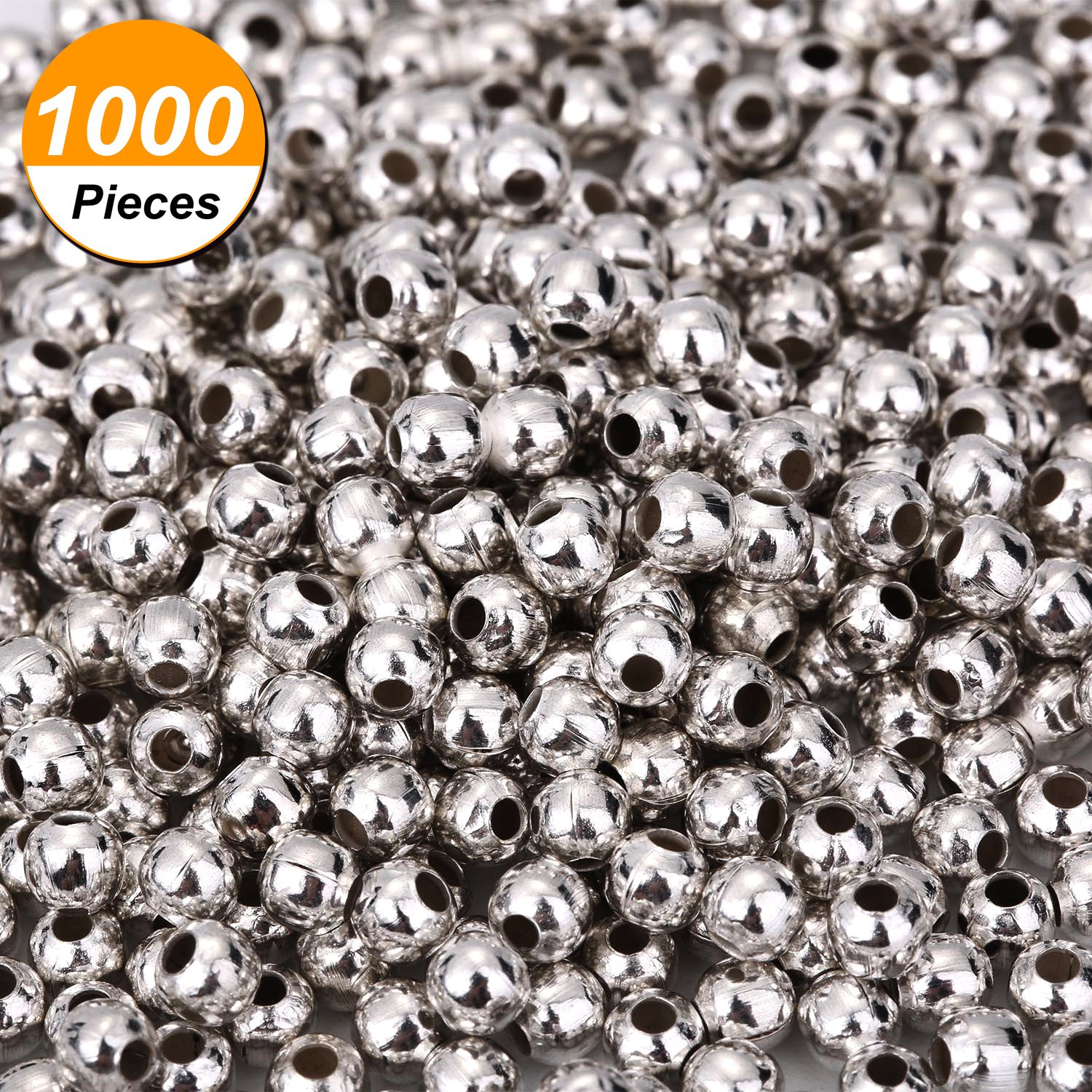 Pangda 1000 Pack 4 mm Metal Spacer Beads Metallic Plated Round Beads Tiny Smooth Beads for Necklaces, Bracelets and Jewelry Making (Silver)