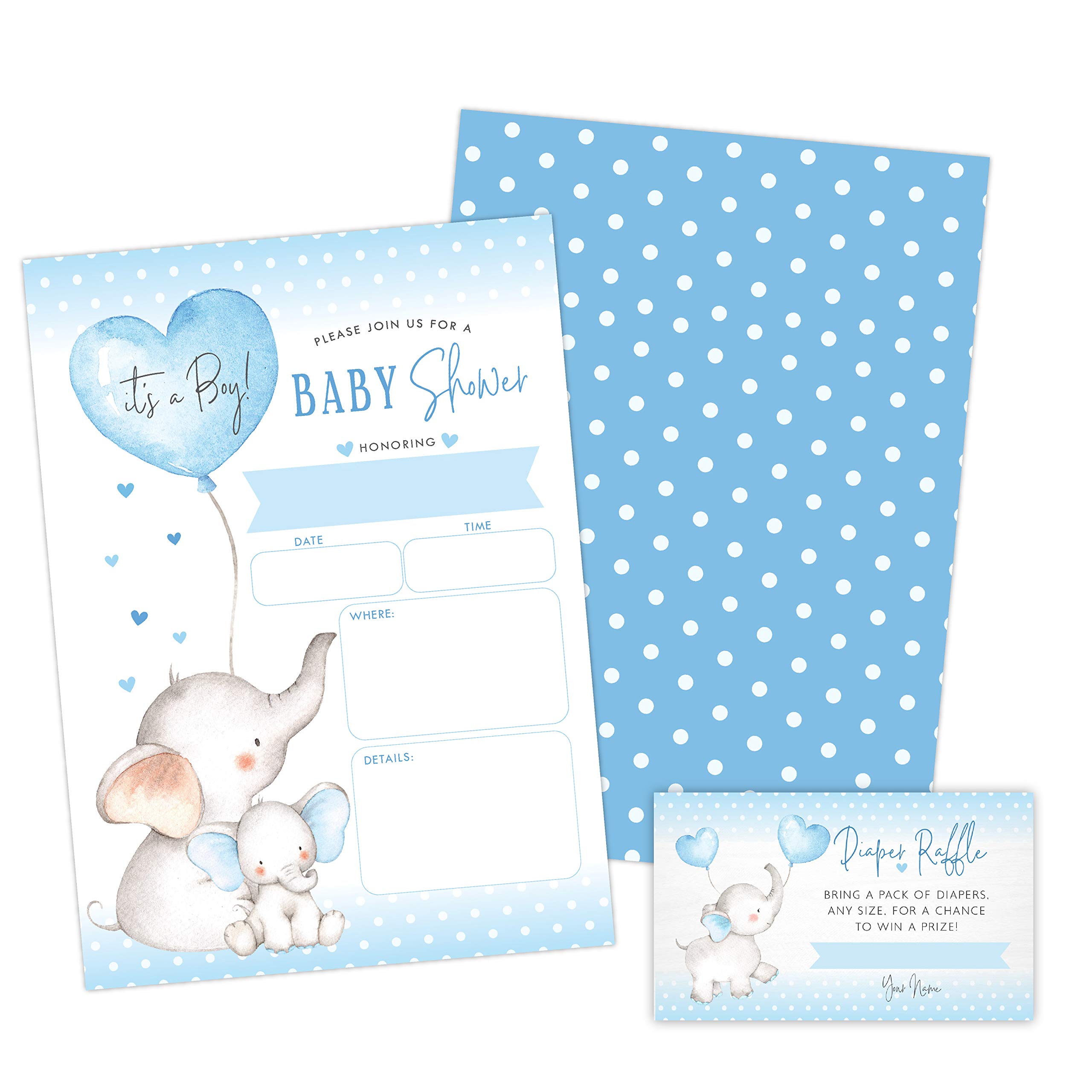 Your Main Event Prints Boy Elephant Baby Shower Invitations, Peanut Baby Shower Invites with Diaper Raffles Cards, Sprinkle, 20 Invites Including Envelopes