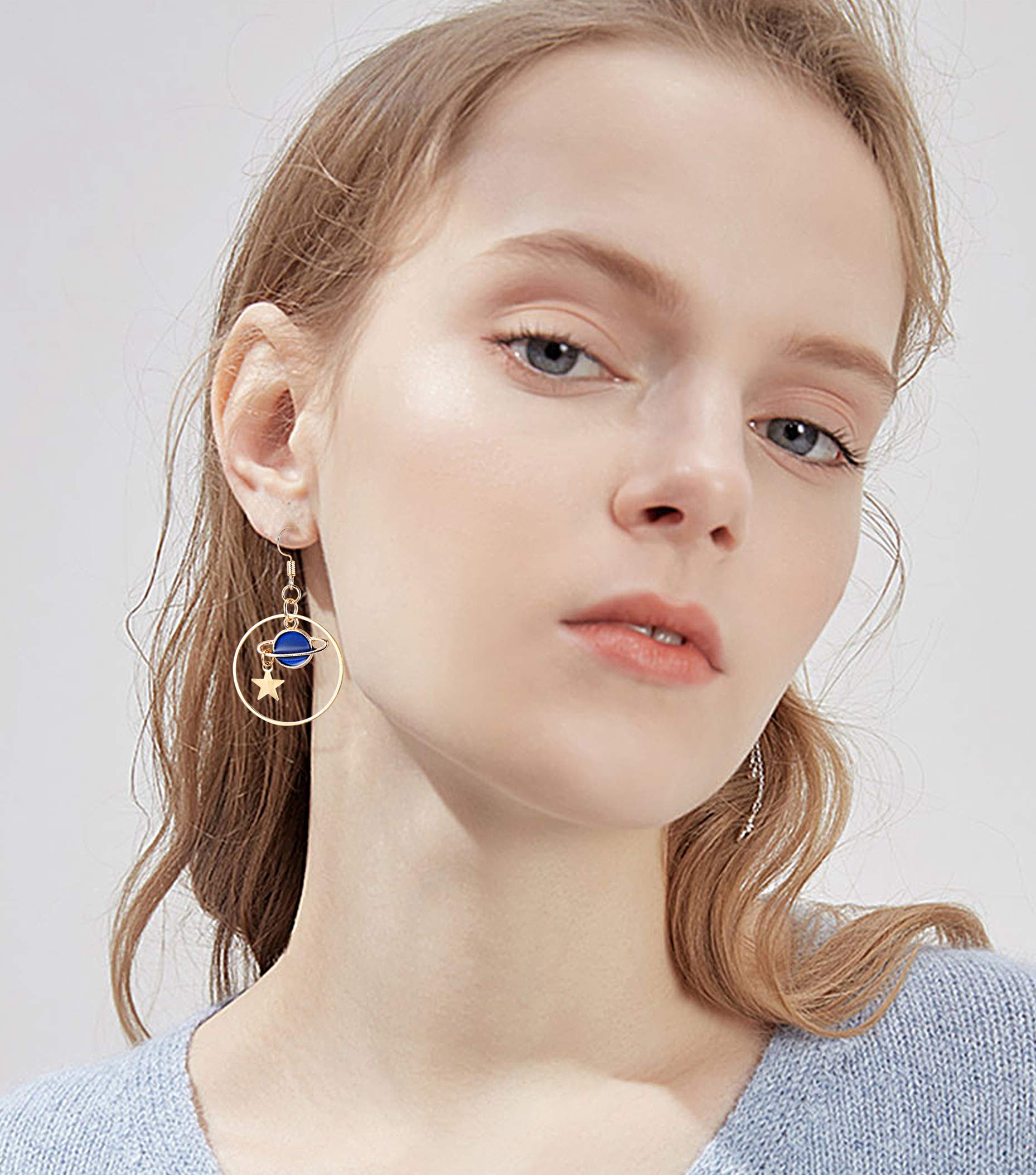SAILIMUE 5 Pairs Enamel Moon Star Earth Planet Earrings Set Asymmetric Long Pendant Hook Dangle Stud Earrings for Women