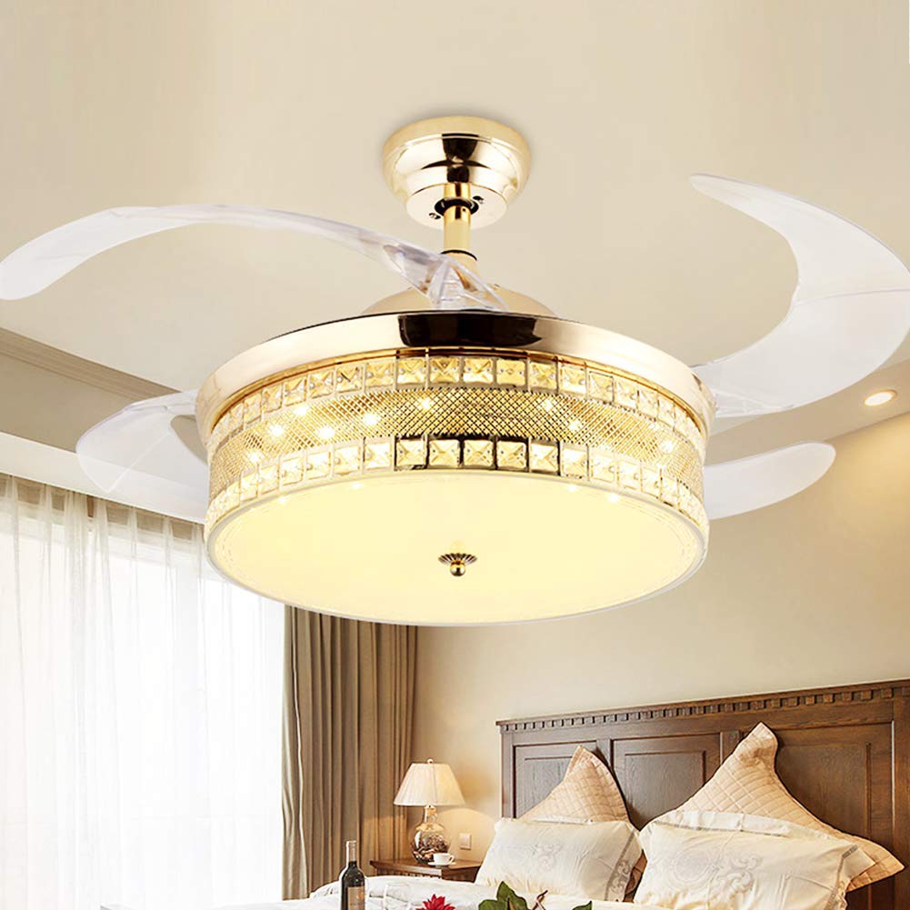 US DELIVER 42" Crystal Ceiling Fan Chandelier Retractable Blade Ceiling Fan with Light Dimmable Ceiling Fan Lamp Fandelier with Remote Control 3-Color 3-Speed 2 Down Rod (Golden)
