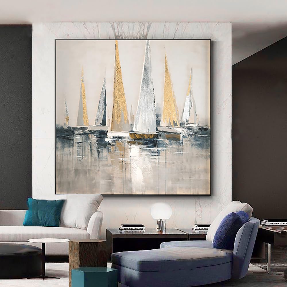 Oil Painting Hand Painted Gold Foil Sailboat On Canvas Painting Modern Decorative Paintings for Living Room,31inx31in,No Frame