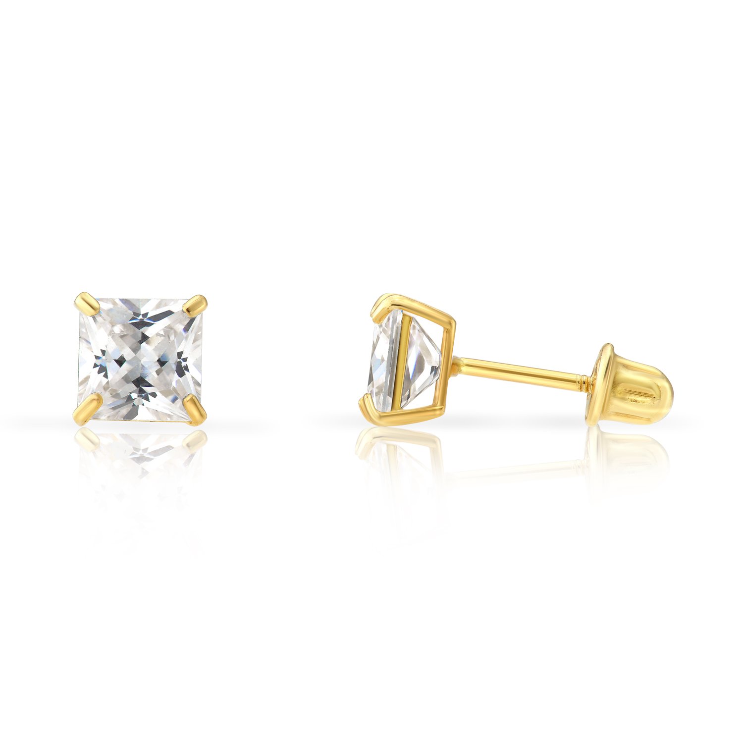 Solid 14k Yellow Gold Solitaire Square Princess-cut CZ Stud Earrings with Secure Screw-backs (5mm)