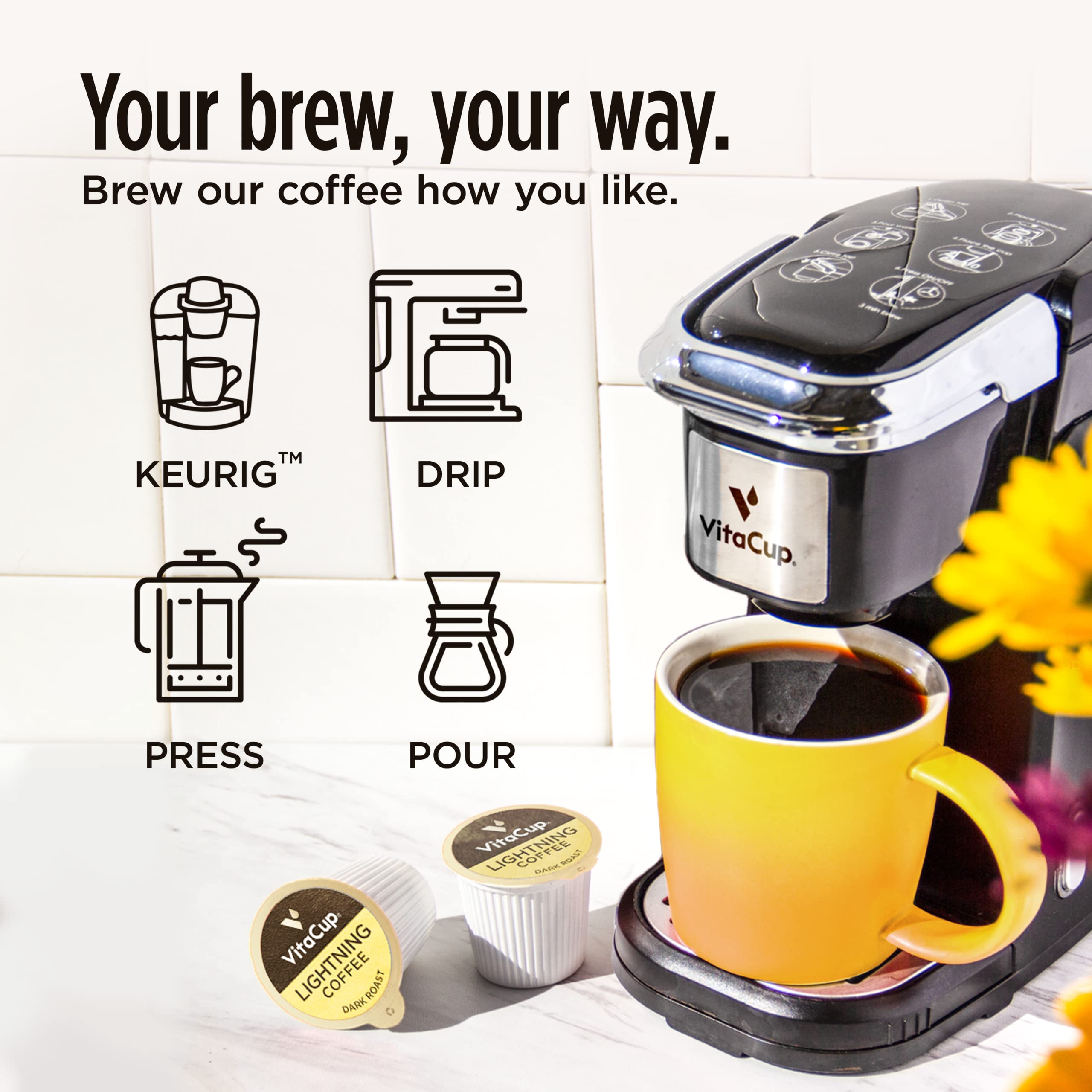 VitaCup Lightning Coffee Pods, Enhance Memory & Focus w/ 2X Caffeine, Green Coffee Bean, B Vitamins, D3, Strong Dark Roast Coffee, Recyclable Single Serve Pod Compatible w/Keurig K-Cup Brewers,32 Ct