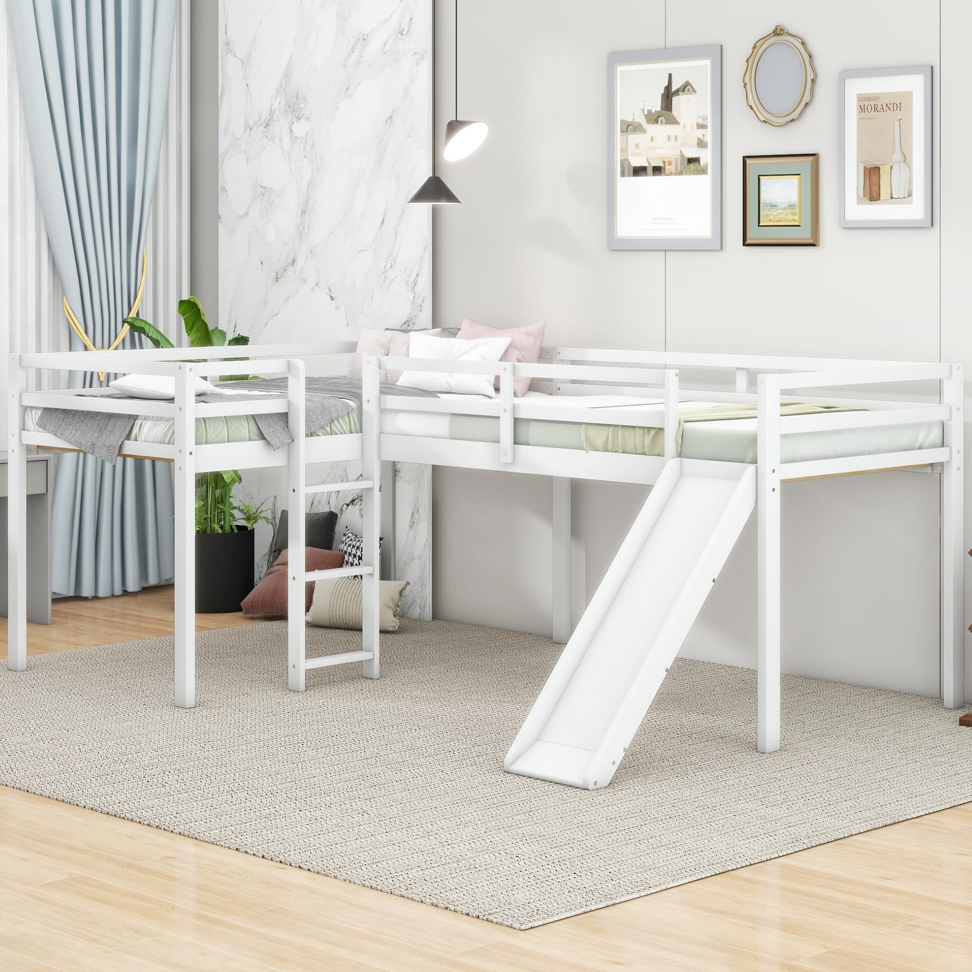 RUNWON Twin Size L-Shaped Loft Bed with Ladder and Slide for 2 Kids Teens Bedroom,No Box Spring Needed
