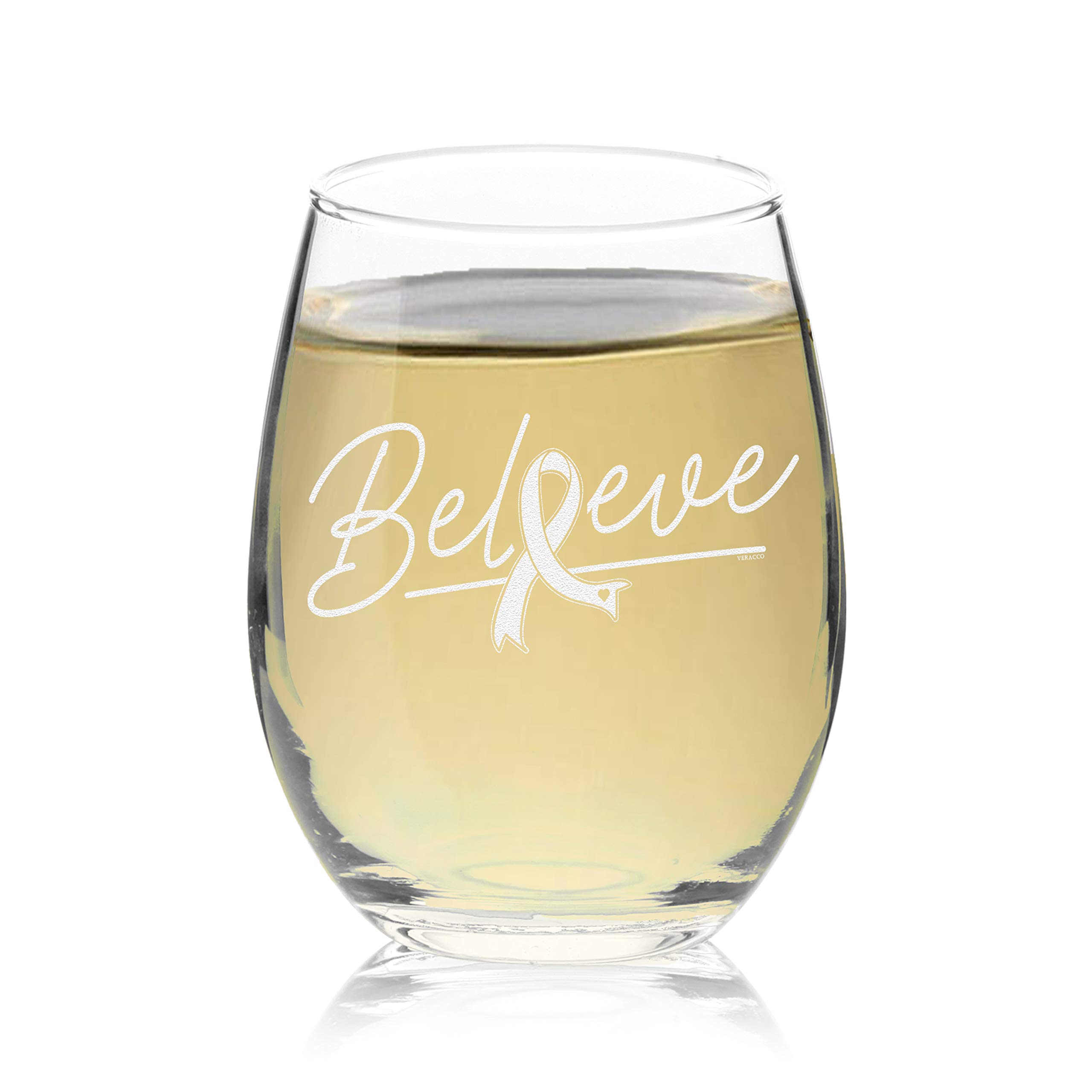 Veracco Believe Ribbon Stemless Wine Glass Motivational Inspirational Uplifting Cancer Gifts For Women ChemoSurvivor