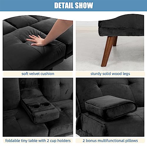 Shintenchi 60" Small Loveseat, 3 in 1 Cute Convertible Sofa Bed, Modern Futon Recliner Sleeper w/2 Cup Holder, Upholstered Folding Couch for Small Space, Black