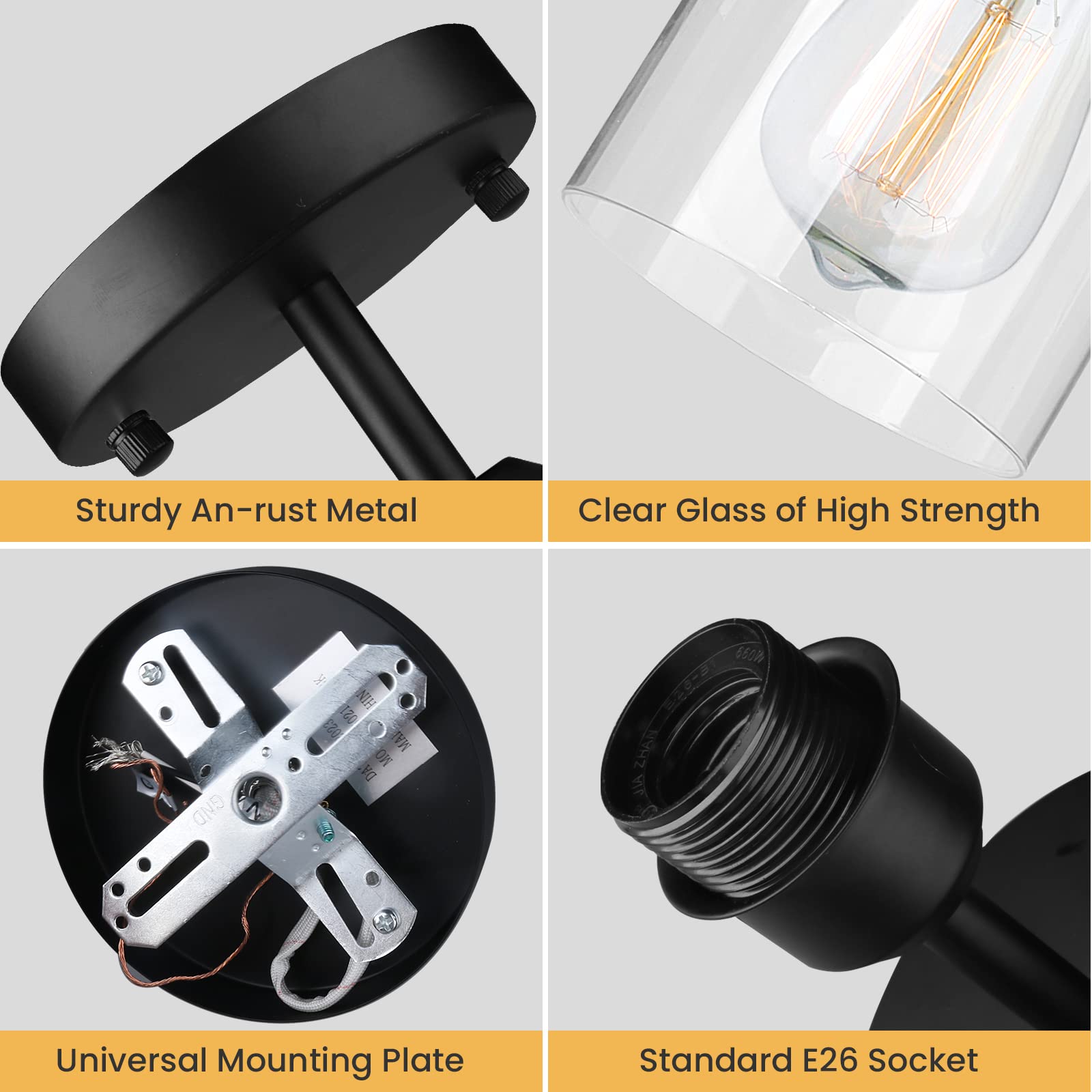 Sheetea 3-Pack Semi Flush Mount Ceiling Lights, Modern Close to Ceiling Light Fixtures with Clear Glass Shades, Black Industrial Lighting Ceiling Mount for Hallway Entryway Kitchen Bedroom Foyer