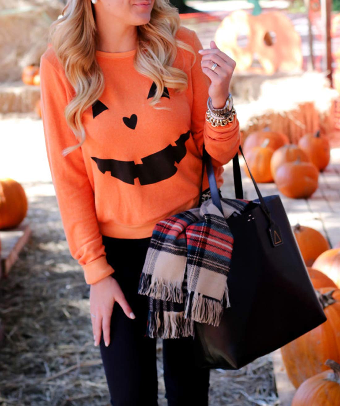 Women's Halloween Pumpkin Face Long Sleeve Sweatshirts Lightweight Casual Pullover Tops (XXL, Orange)