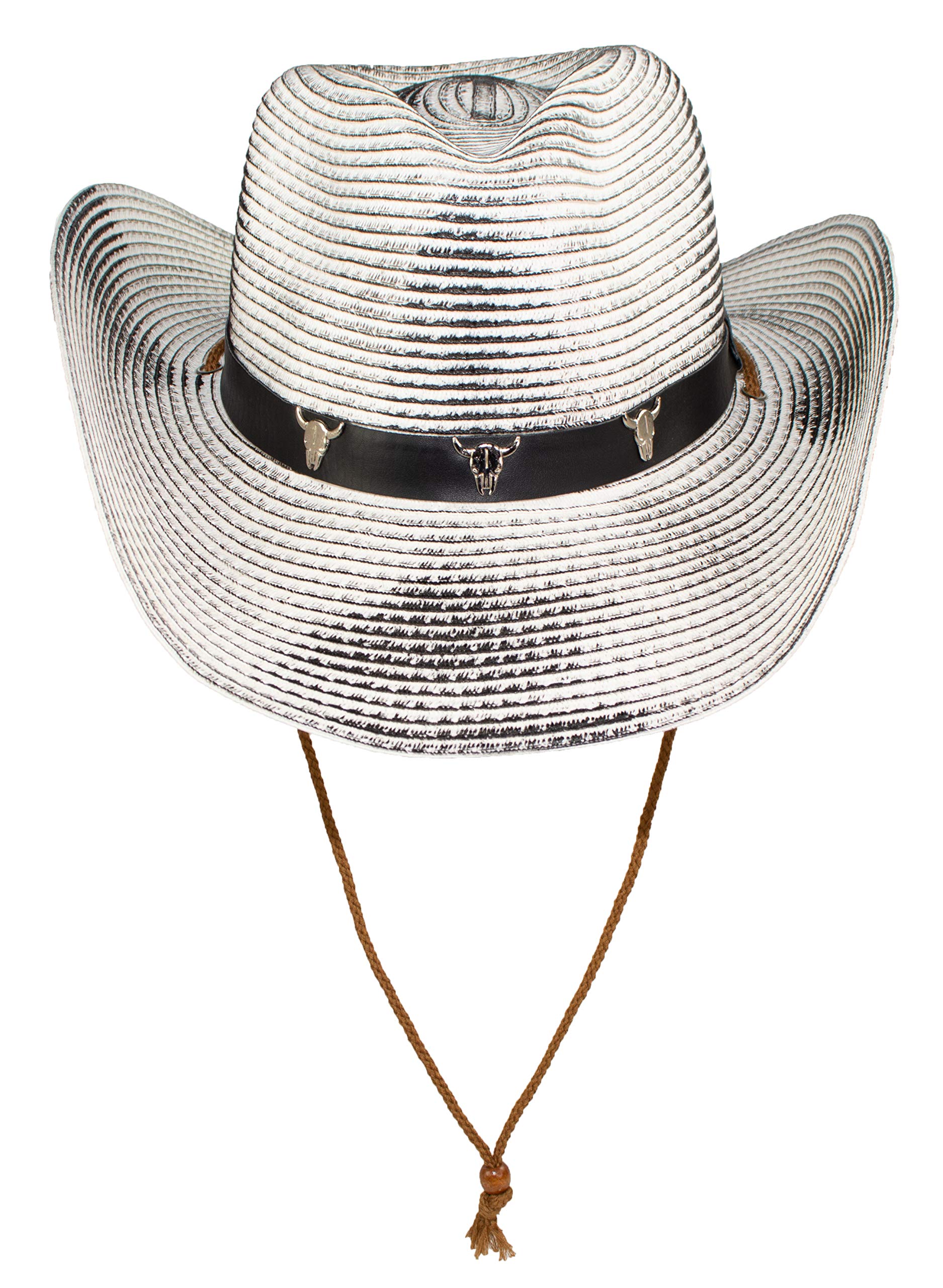 Western Rustic Rodeo Shapeable Straw Cowboy Hat with Chin Strap, Black Hatband with Longhorn Skeletons