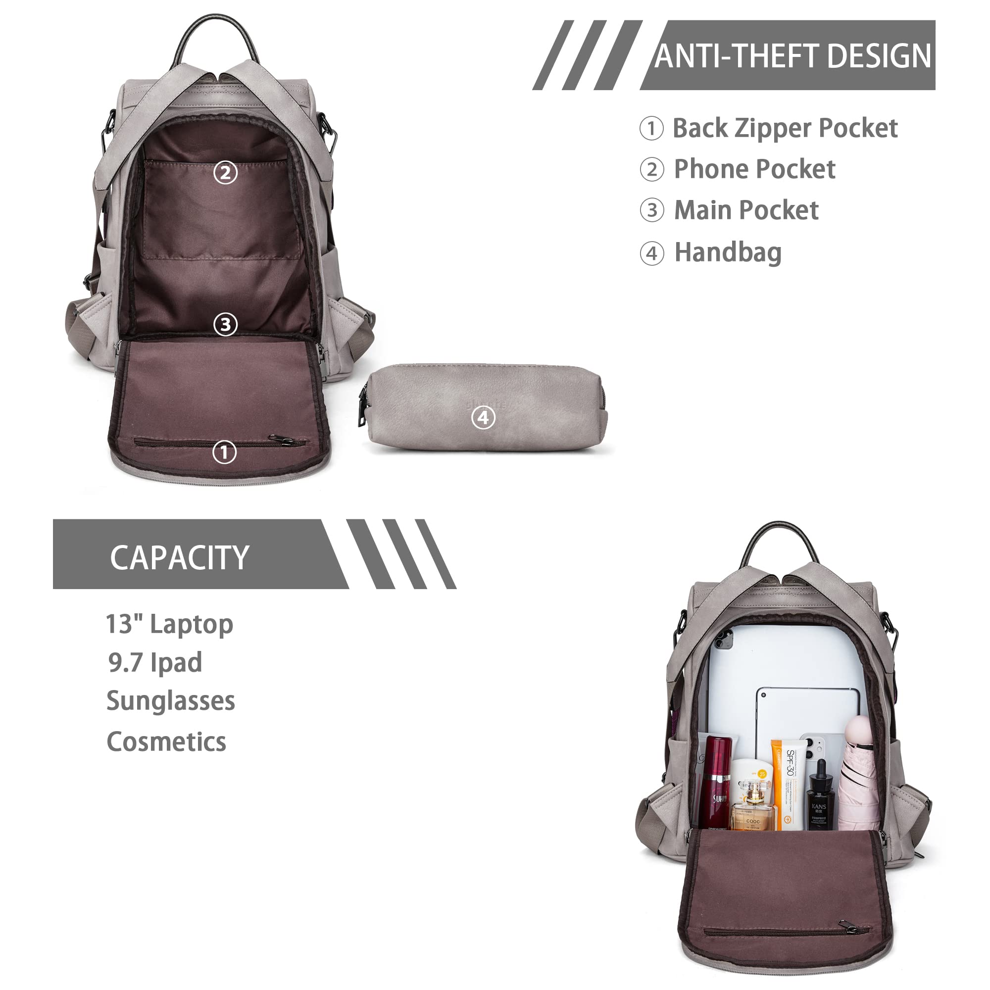 Shrrie Backpack Purse for Women Leather Backpack Anti-Theft Fashion Travel Bag Shoulder Bag