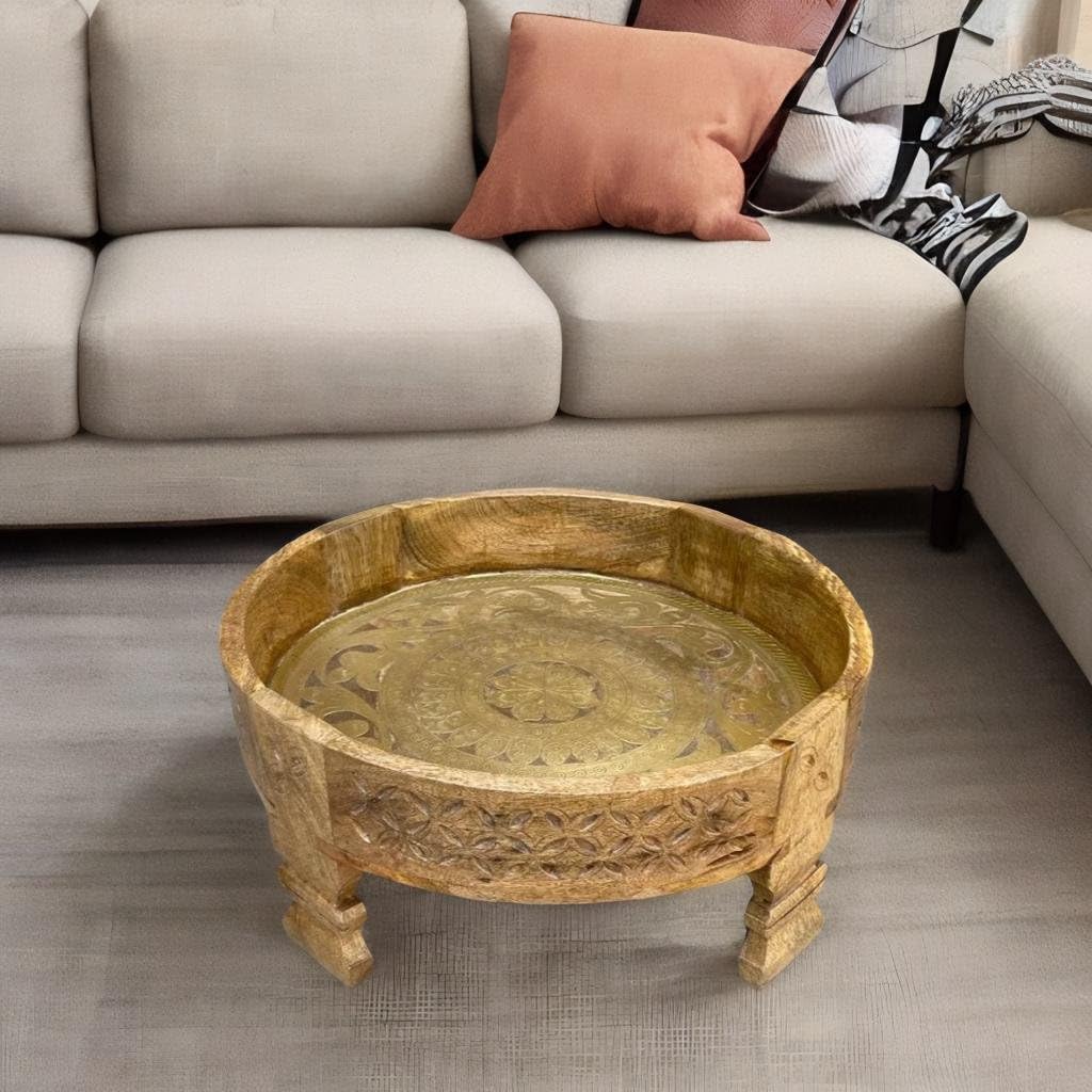 Solid Wood Chakki Table In Floral Pattern Carving, Brass Fitted Grinder Table, Living-room Side Table/Lamp Table/Nightstand Table (45x45x20 Cm)