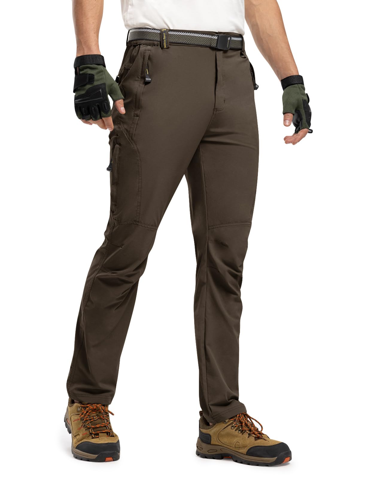 TBMPOY Men's Lightweight Hiking Pants with Belt 5 Zip Pockets Waterproof Quick-Dry Travel Fishing Work Outdoor Pants Thin Brown M