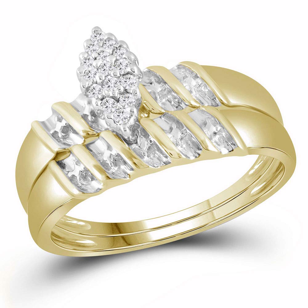 Sizes - L = 8, M = 8 - 10k Yellow Gold Diamond Cluster Mens And Ladies Couple His & Hers Trio 3 Three Ring Bridal Matching Engagement Wedding Ring Band Set (1/10 cttw.) - Please use drop down menu to select your desired ring sizes