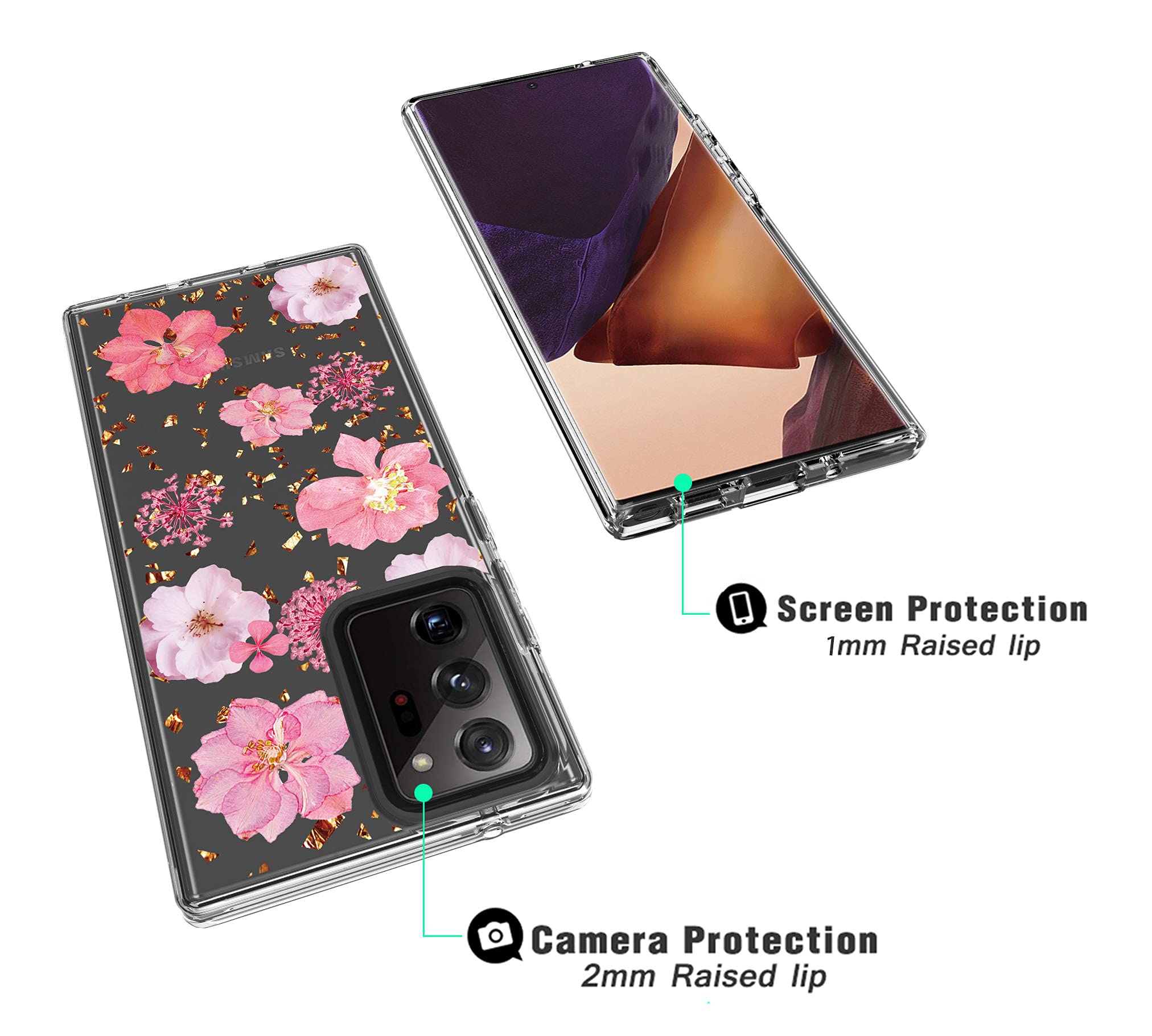 ShinyMax Galaxy Note 20 Ultra Clear Case with Floral Design,Samsung Note 20 Ultra Phone Case,Hybrid Dual Layer Armor Protective Cover Sturdy Anti-Scratch Shockproof Case for Women & Girls-Pink Flowers