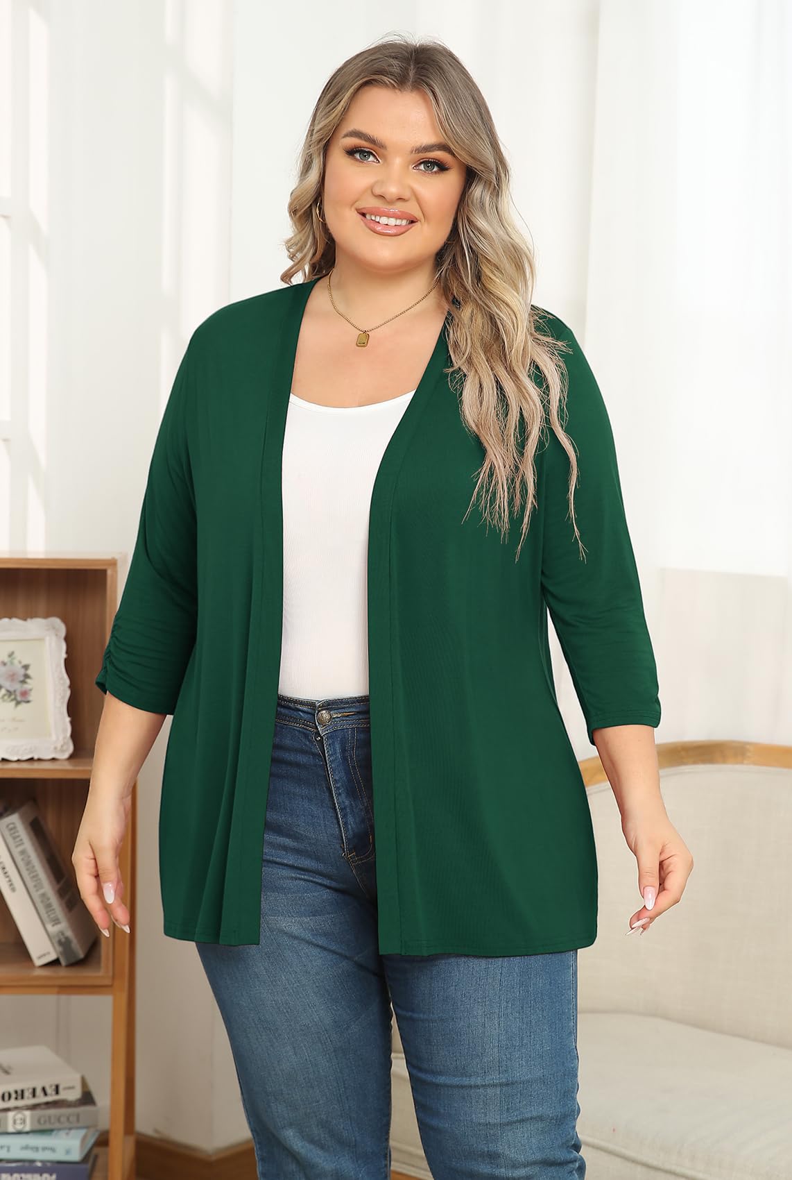 POSESHE Women's Plus Size Casual Lightweight Open Front Cardigans Soft Draped 3/4 Sleeve Cardigan Dark Green 4X-Large