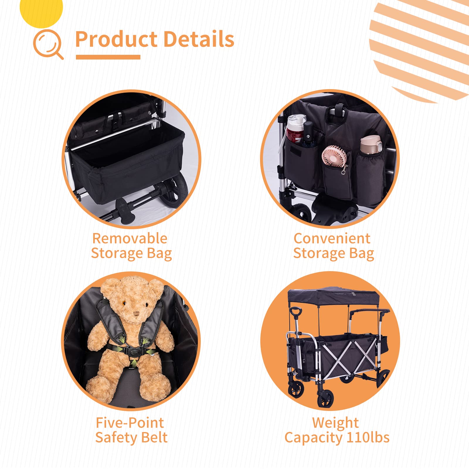 Stroller Wagon for 2 Kids, Wagon Cart Featuring 2 Seat with 5-Point Harnesses and Adjustable Canopy, Foldable Push-Pull Rod Wagon Stroller for Garden, Stroller, Camping, Grocery Cart (Black)