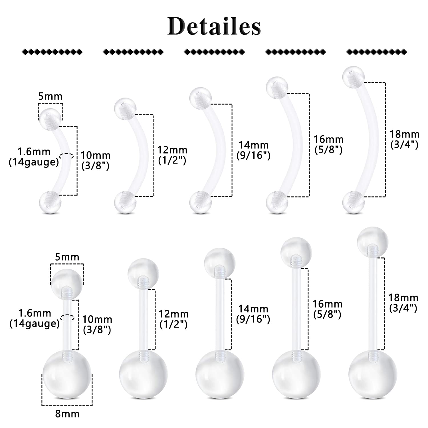 QWALIT 14g Clear Belly Button Rings Bioflex Plastic Belly Ring Navel Piercings Retainers for Work Surgery 3/8" 10mm