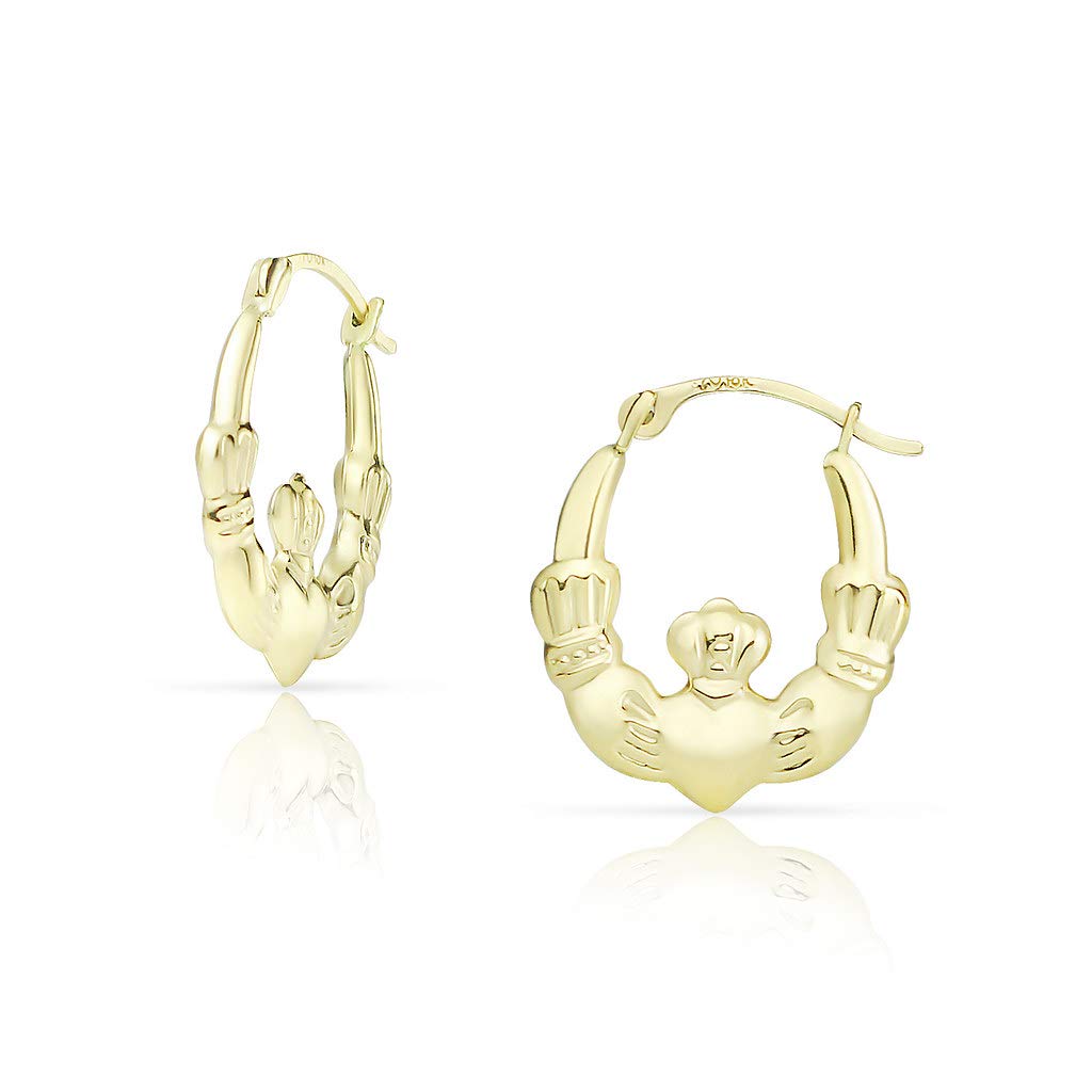 SOLIDGOLD- 10K Yellow Gold Claddagh Creole Click Top Hoop Earrings