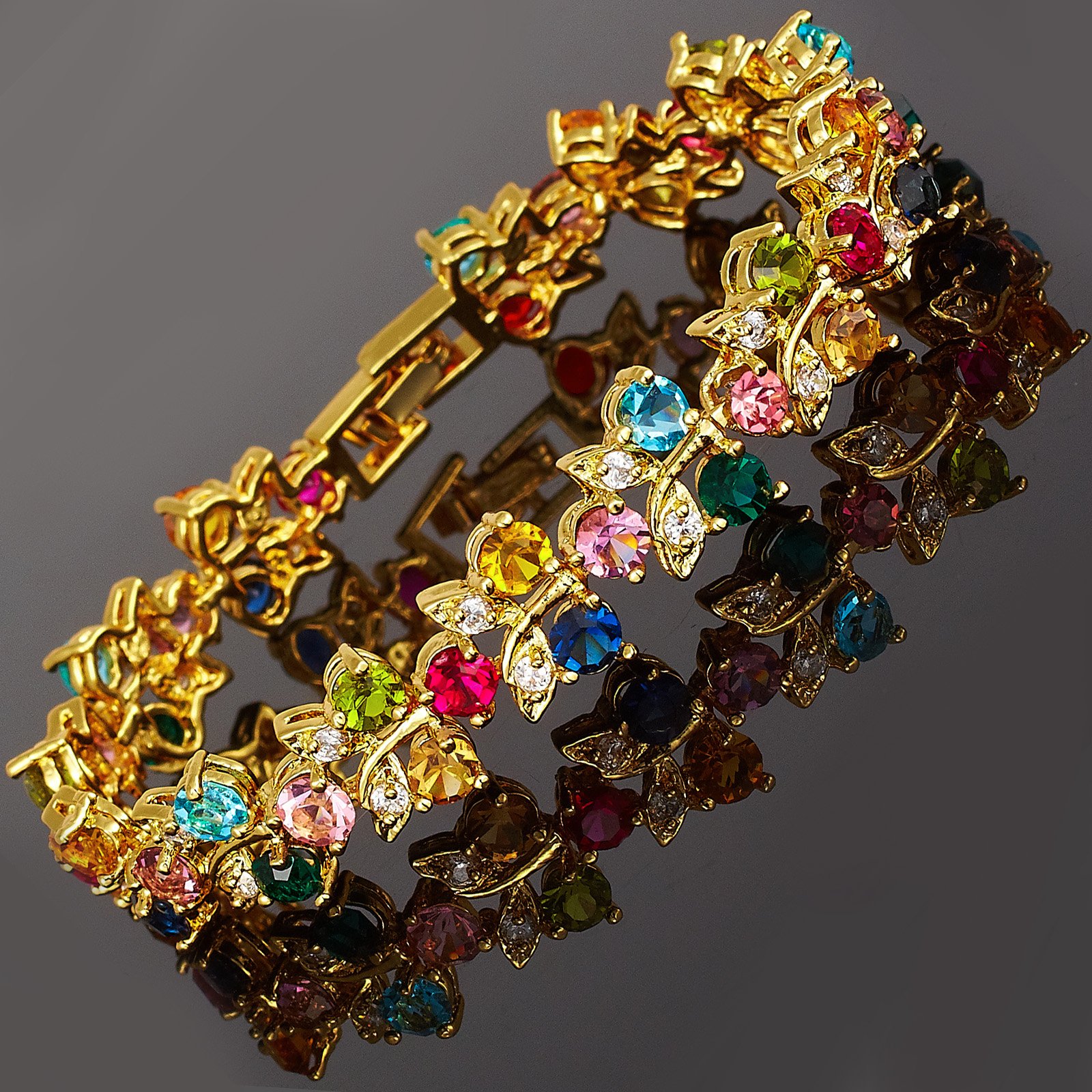 RIZILIA Tennis Bracelet & Round Cut CZ [Multi-color] in Yellow Gold Plated, 7"