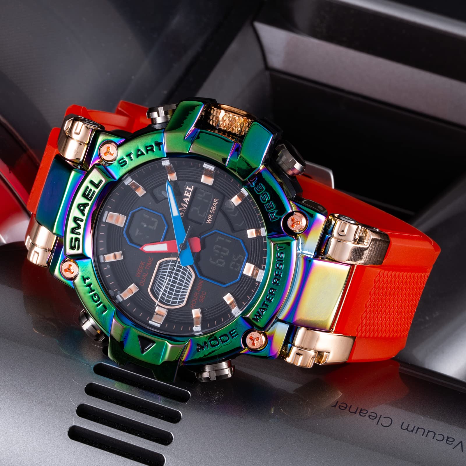 SMAEL Watch 8027 Water Resistant Alloy Watch Sport Analog Digital Quartz Watch Colorful Case (Red)