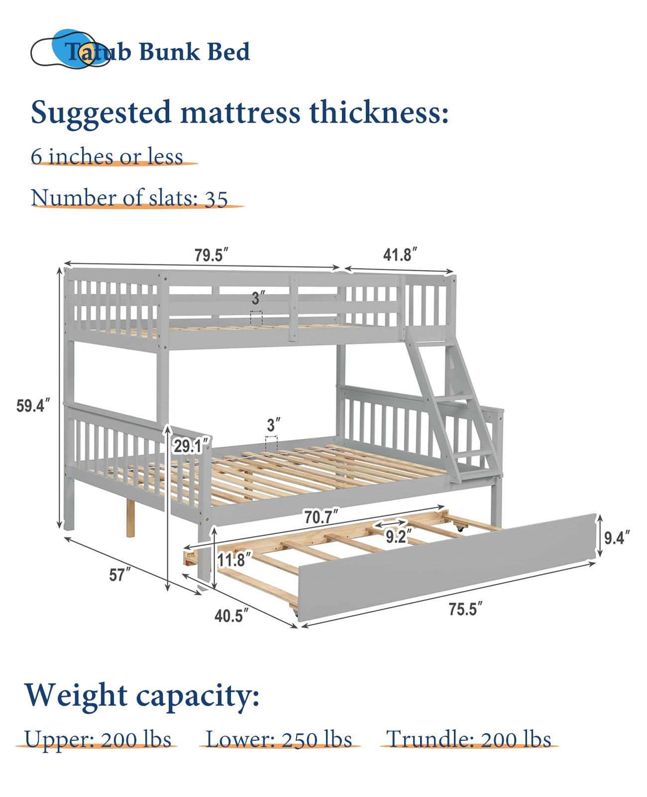 Tatub Twin Over Twin Bunk Bed with Trundle, Pine Wood Frame, Ladder and Guard Rails, Solid Bunk Bed with Trundle for Kids, Teens, Boys and Girls, No Box Spring Needed, White