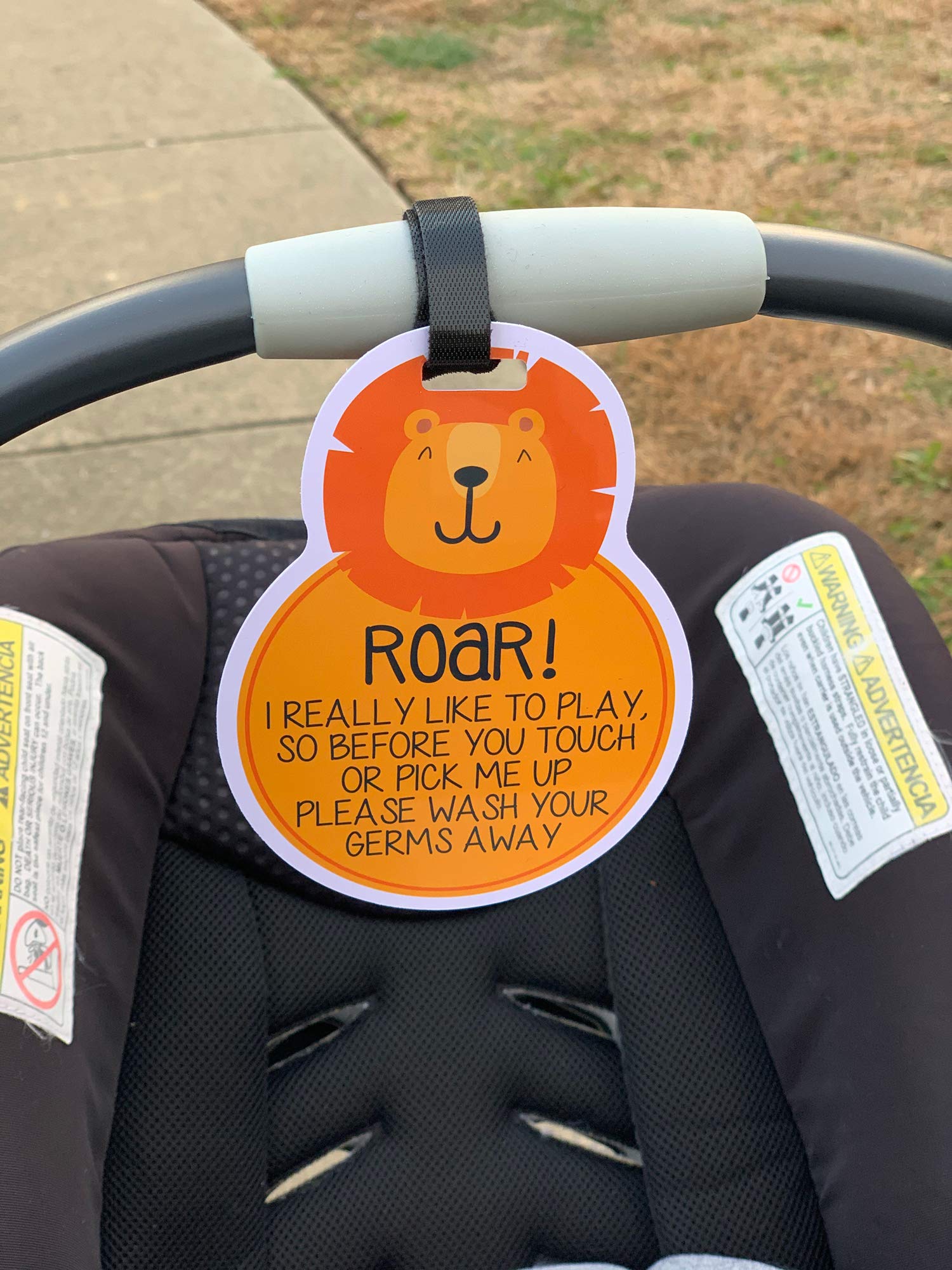 THREE LITTLE TOTS – Animal Theme No Touching Baby Car Seat Sign or Stroller Tag - CPSIA Safety Tested (Lion)