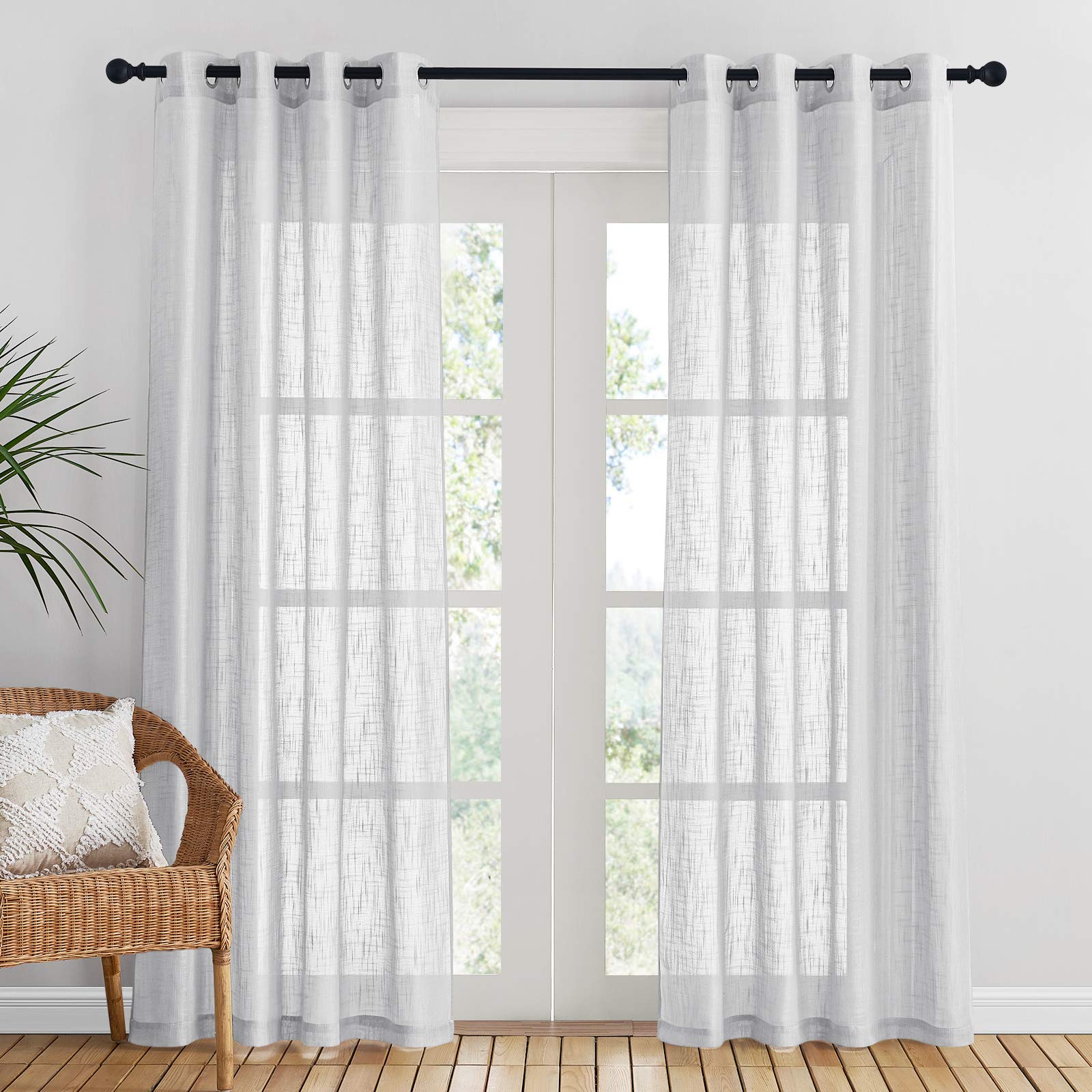 PONY DANCE Light Grey Semi Sheer Curtains 84 inches Long - 2 Panels Light Filtering Sheer Linen Textured Curtain for Bedroom Grommet Drapes Rustic Boho Farmhouse Decor 7 FT Long