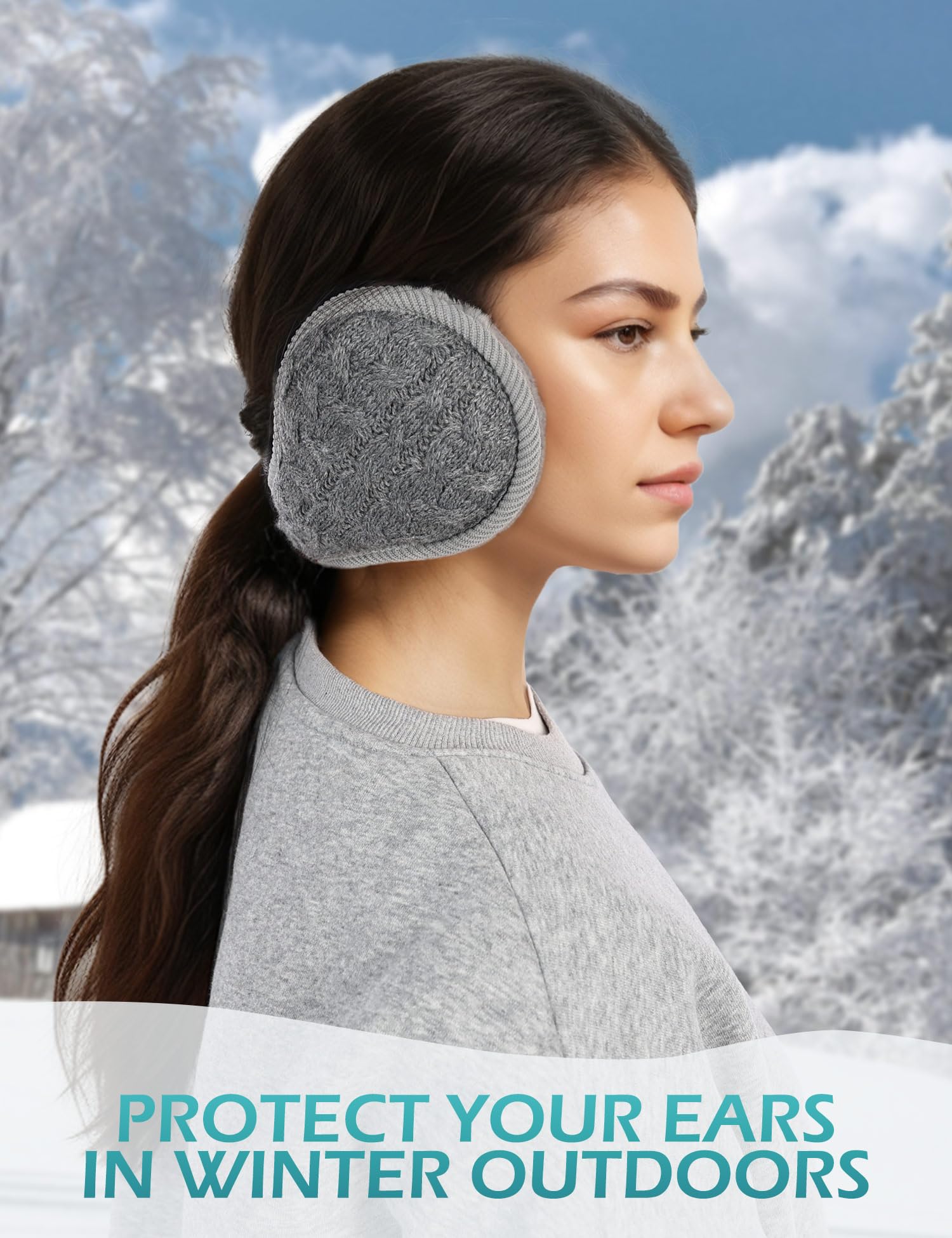 Surblue Unisex Warm Knit Cashmere Winter Pure Color Earmuffs with Fur Earwarmer, Adjustable Wrap,Gray,Large