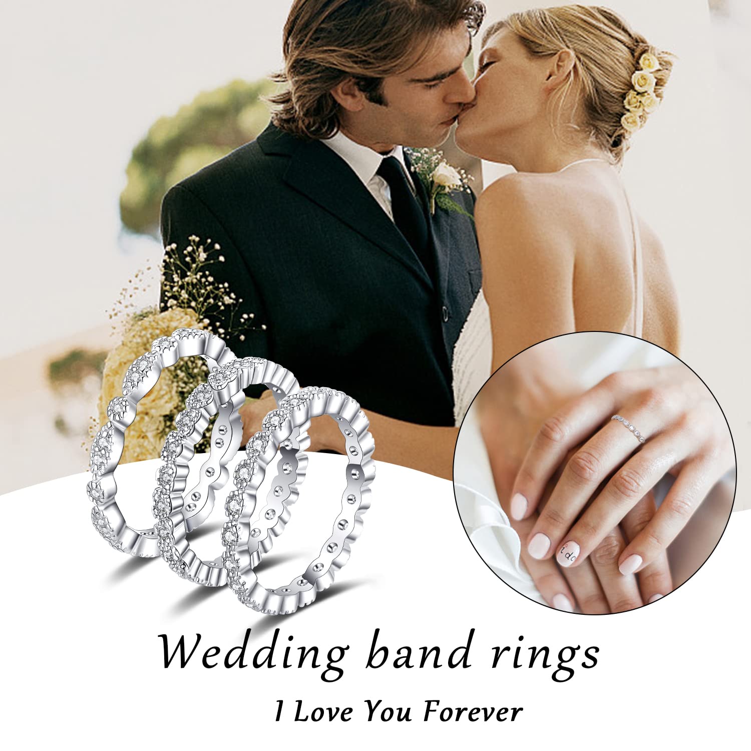 ZOERAY 3pcs Stackable Rings for Women 14K White Gold Plated Cubic Zirconia Knuckle Rings Wedding Band Engagement Ring Set Promise Rings for Her Size 5-10