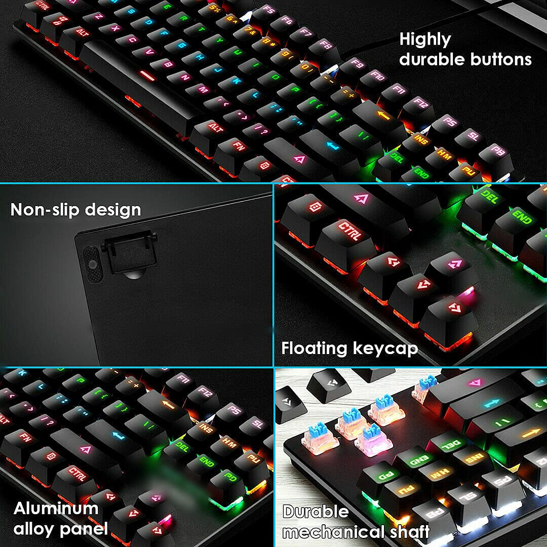 Wired Gaming Keyboard and Sets 87 Keys Rainbow Backlit Mechanical Keyboard,RGB Backlit 6400 DPI Light Weight Gaming Mouse, Mouse Pad for PC Game (Blue)