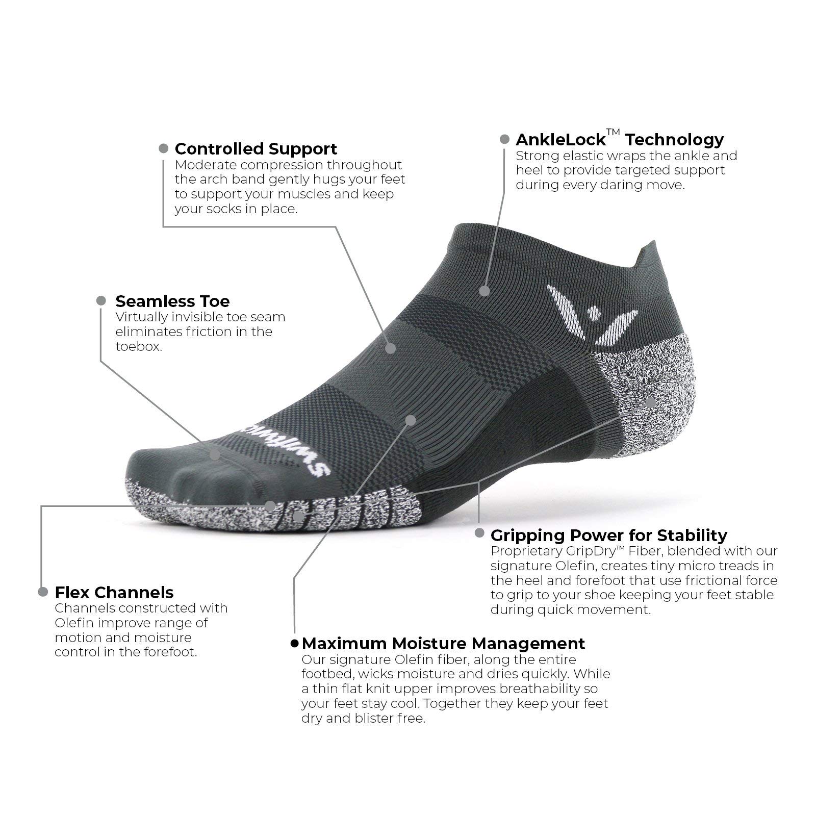 Swiftwick- FLITE XT ZERO Non-Slip Running Socks, Golf Socks, Ultimate Stability (Gray, Large)