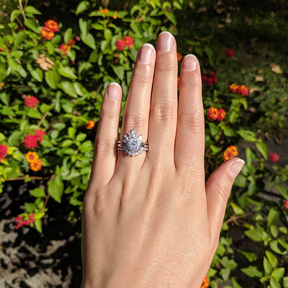 TwoBirch Sterling Silver Cubic Zirconia Delicate Tiara Floral Design Border Ring Guard Round Halo Engagement Ring CZ Duo Stackable Ring Set (Size 7)