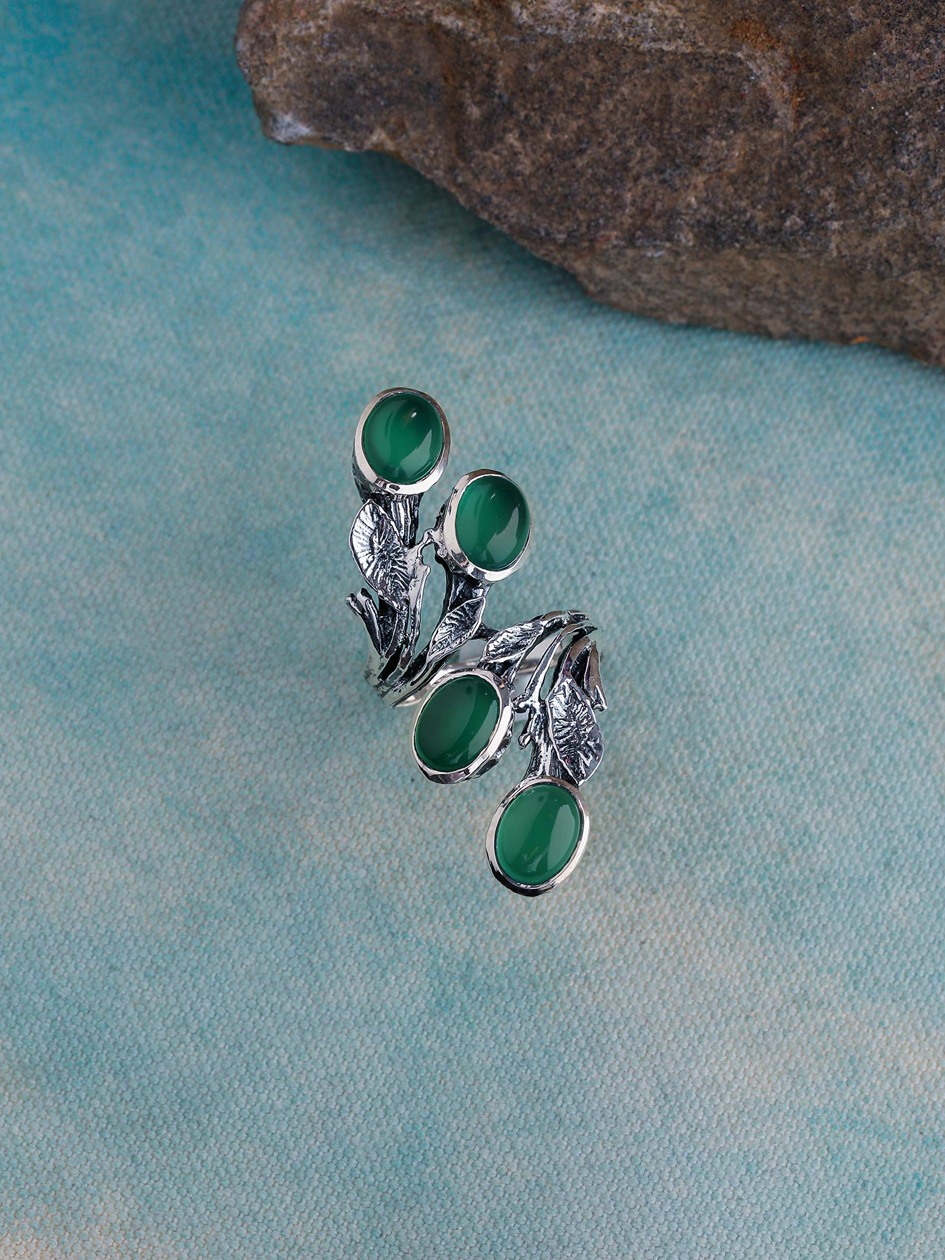 YoTreasure Green Onyx Solid Sterling Silver Innovative Leaf Vine Ring
