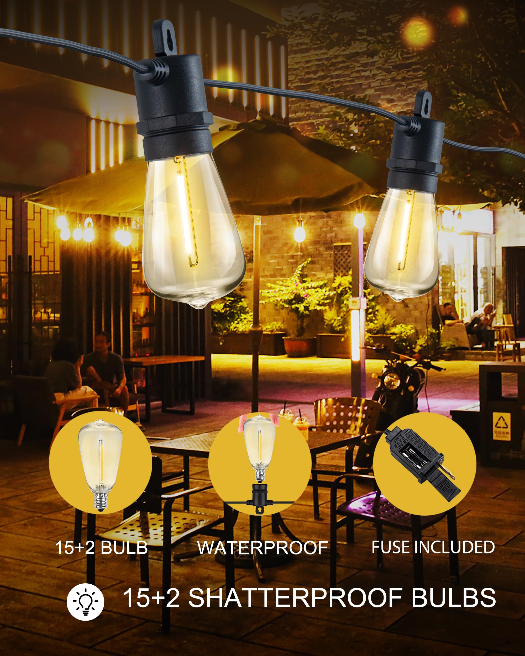 SUFEIMAS LED Outdoor String Lights Waterproof - NEW MODE 50FT Patio Lights 15+2 Vintage Shatterproof Plastic Bulbs,IP65 Edison String Lights for Outside Backyard Balcony Bistro Cafe Garden