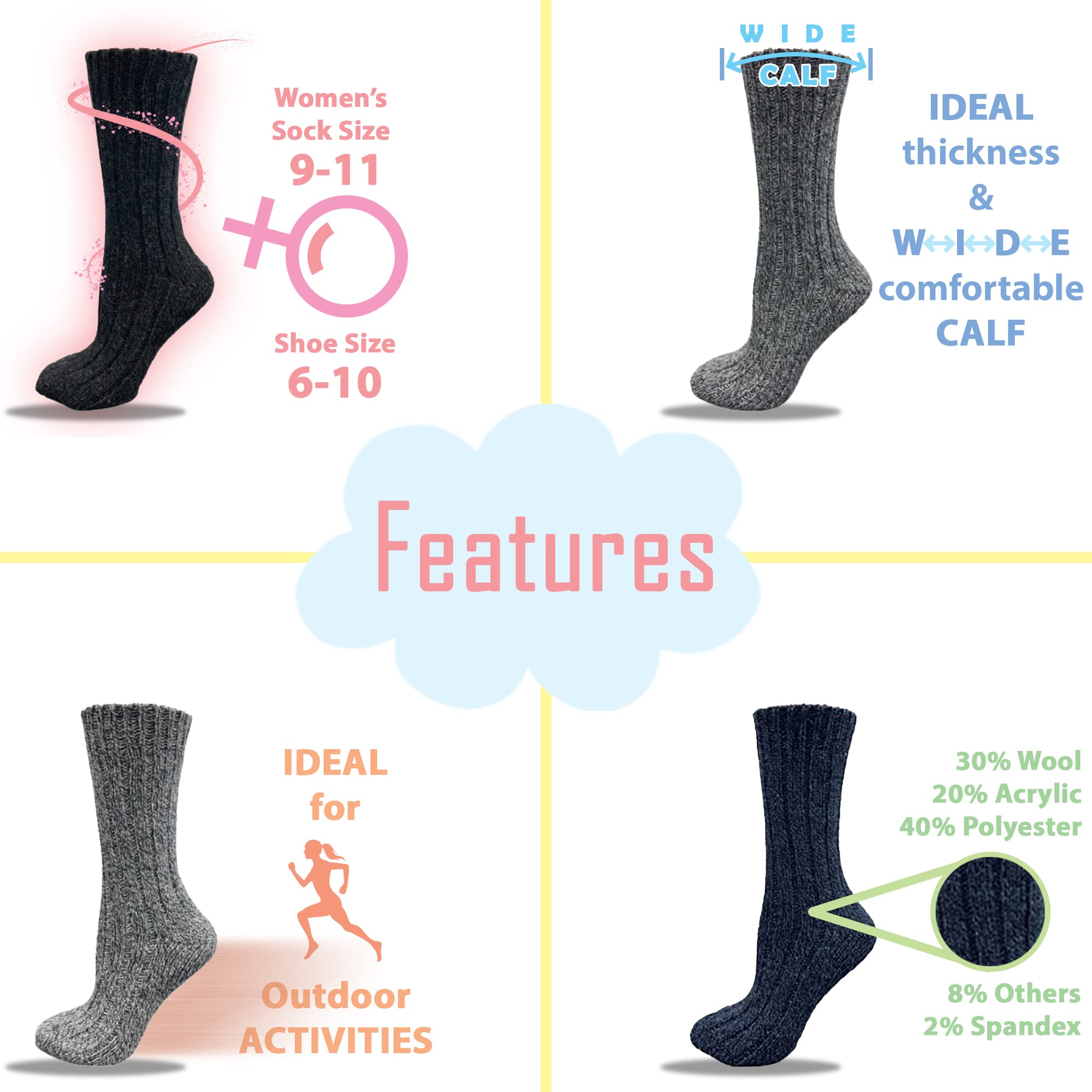 Sierra Socks Women's Thick Hiking Warm Wool Crew Socks (Black/Charcoal, Large)