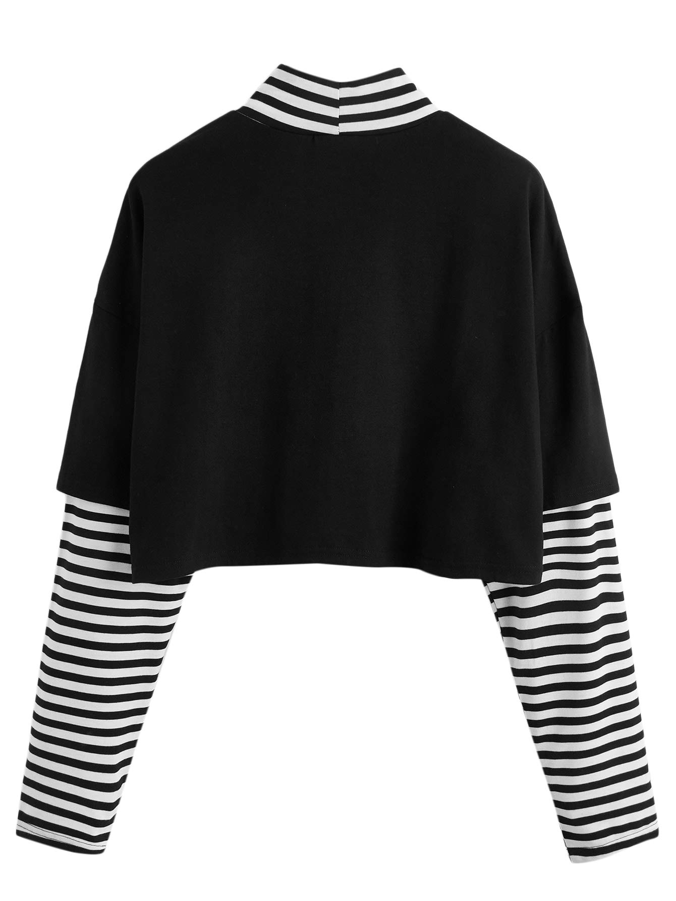 SweatyRocks Women's Color Block Butterfly Print Striped Long Sleeve Crop Top T Shirt Graphic Black White M