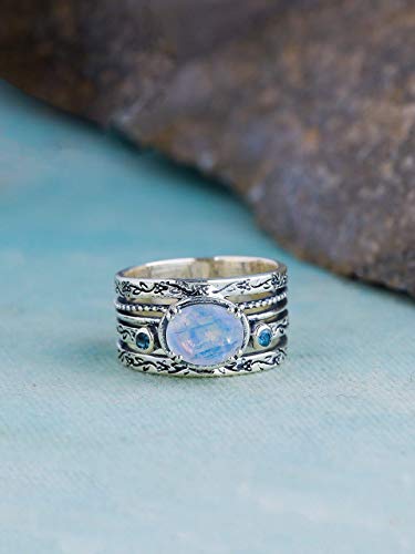 YoTreasure Moonstone London Blue Topaz 925 Sterling Silver Antique Three Stone Ring