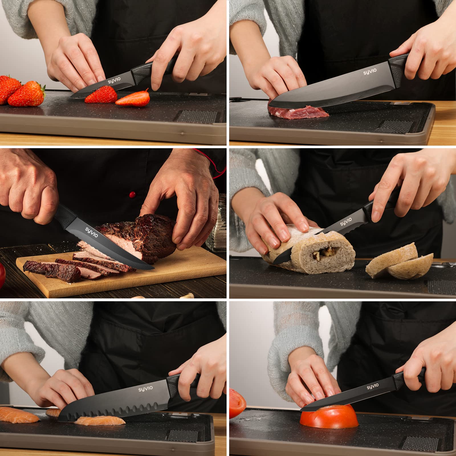 syvio Knife Sets for Kitchen with Block and Utensil Holder, Knives Set for Kitchen 15 Pieces with Built-in Sharpener, Knife Block Set for Storing, Slicing, Dicing&Cutting