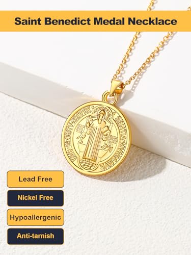 U7 Women Men 18K Gold Plated 925 Sterling Silver 1.5mm Dainty Chain & Coin Saint Benedict Pendant Necklace