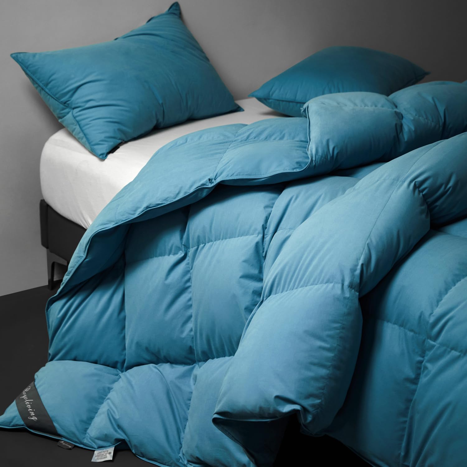 Royoliving Premium Heavyweight Feathers Down Comforter King Size Thickened Turquoise 100% Cotton Cover Down Proof Winter Duvet Insert with Corner Tabs (106x90, 70 Oz)