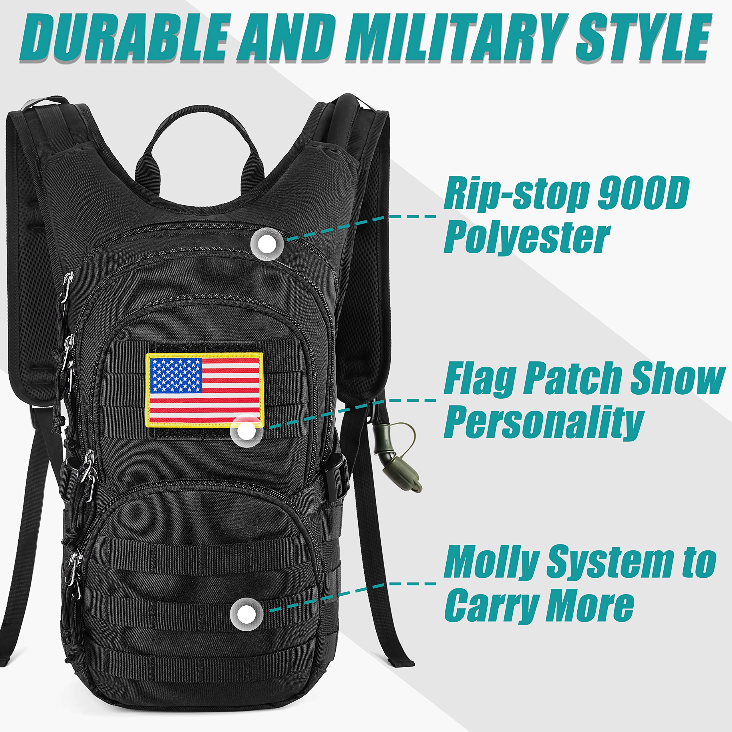 SHARKMOUTH Hydration Pack, Tactical Molle Hydration Pack Backpack 900D with 2L Hydration Water Bladder, Military Daypack for Running, Hiking, Cycling, Climbing, Hunting &Working Out