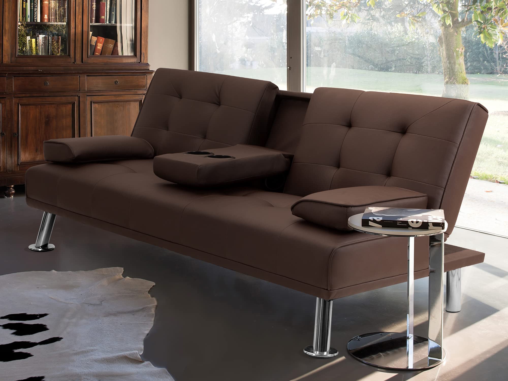 YESHOMY Futon Sofa Bed, Modern Faux Leather Convertible Folding Lounge Couch for Living Room with 2 Cup Holders Removable Soft Armrest and Sturdy Metal Legs, Black