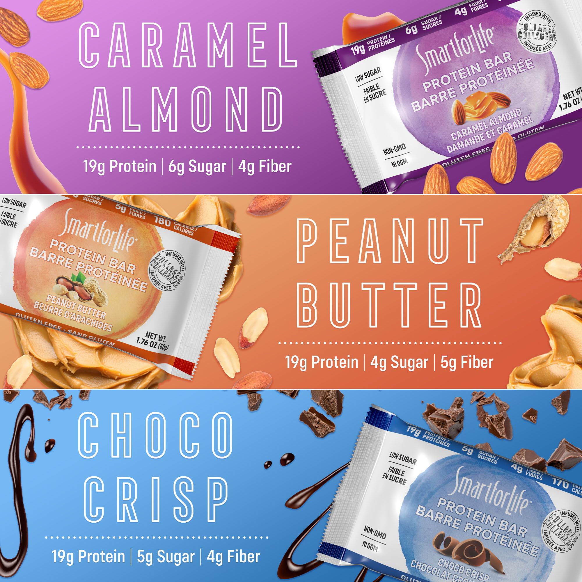 Smart for Life - High Protein, Low Sugar Bar Variety Pack, Gluten Free Caramel Almond, Chocolate & Peanut Butter Chocolate Crunchy Meal Replacement Bars Works with Cookie Diet Non-GMO 18ct