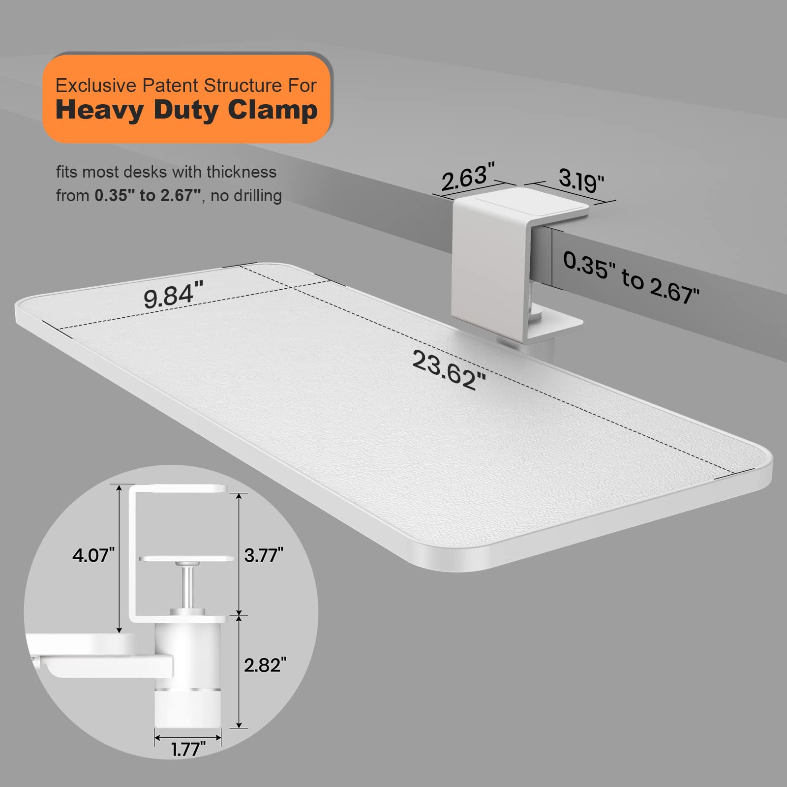 Rotating Keyboard Tray Under Desk - Klearlook PU Leather Keyboard Drawer Adjustable C Clamp,Ergonomic Keyboard Platform Extender,No Drilling,Easy Install Keyboard Stand,23.62"x 9.84"Inch-White