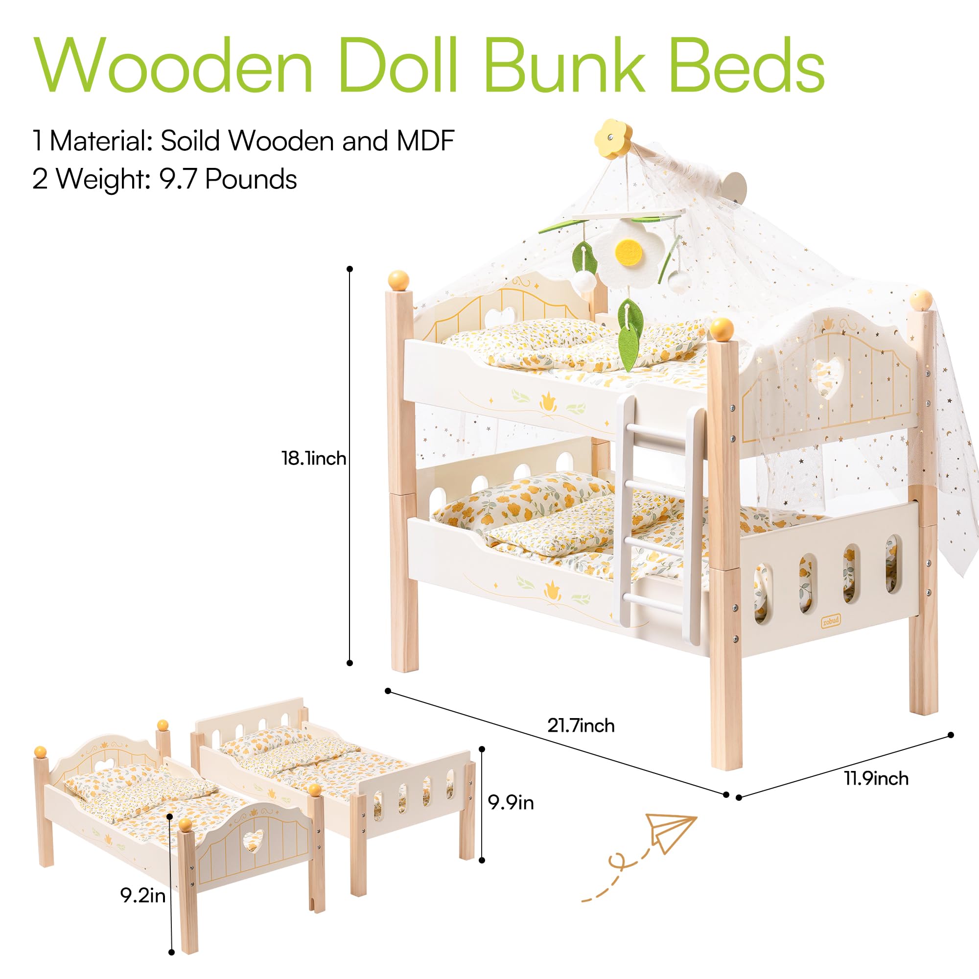 ROBOTIME Baby Doll Bunk Beds, Baby Doll Crib for 18 inch Dolls, Wooden Doll Bed Toy with Doll Bedding
